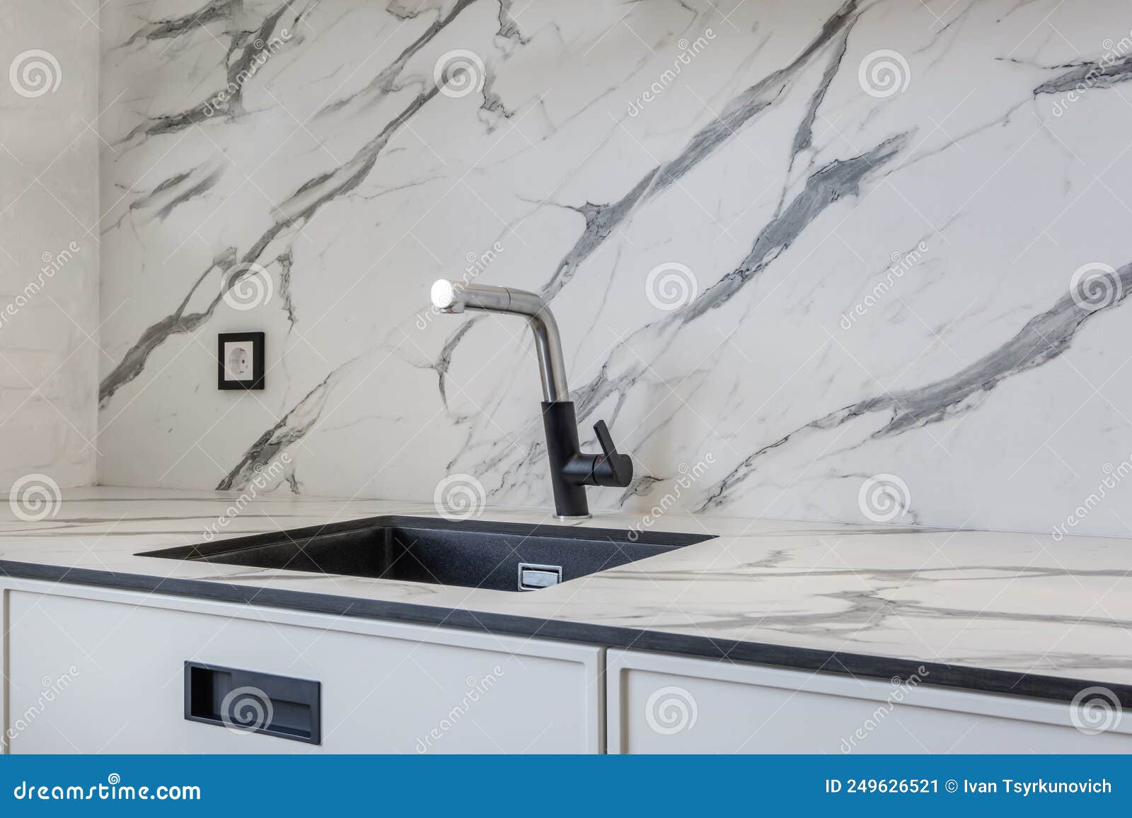 Black Water Tap Sink with Faucet in Expensive Kitchen Stock Image ...