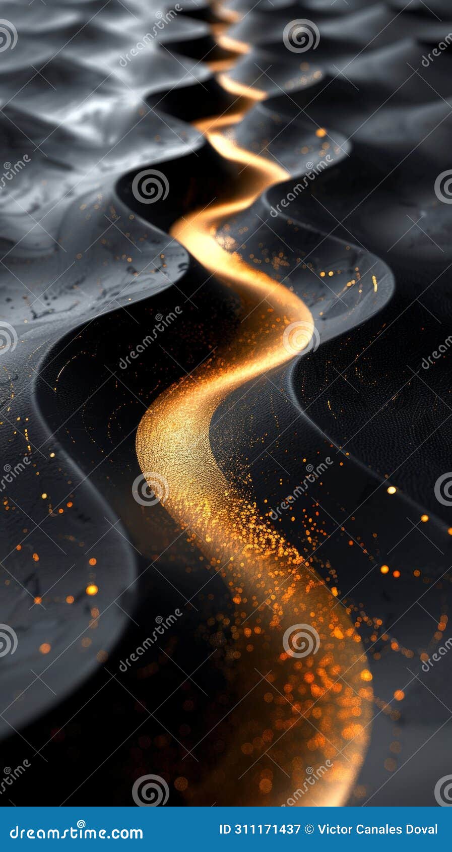 Black Wavy Background with Thin Golden Path Wavy Line in Abstract Art ...