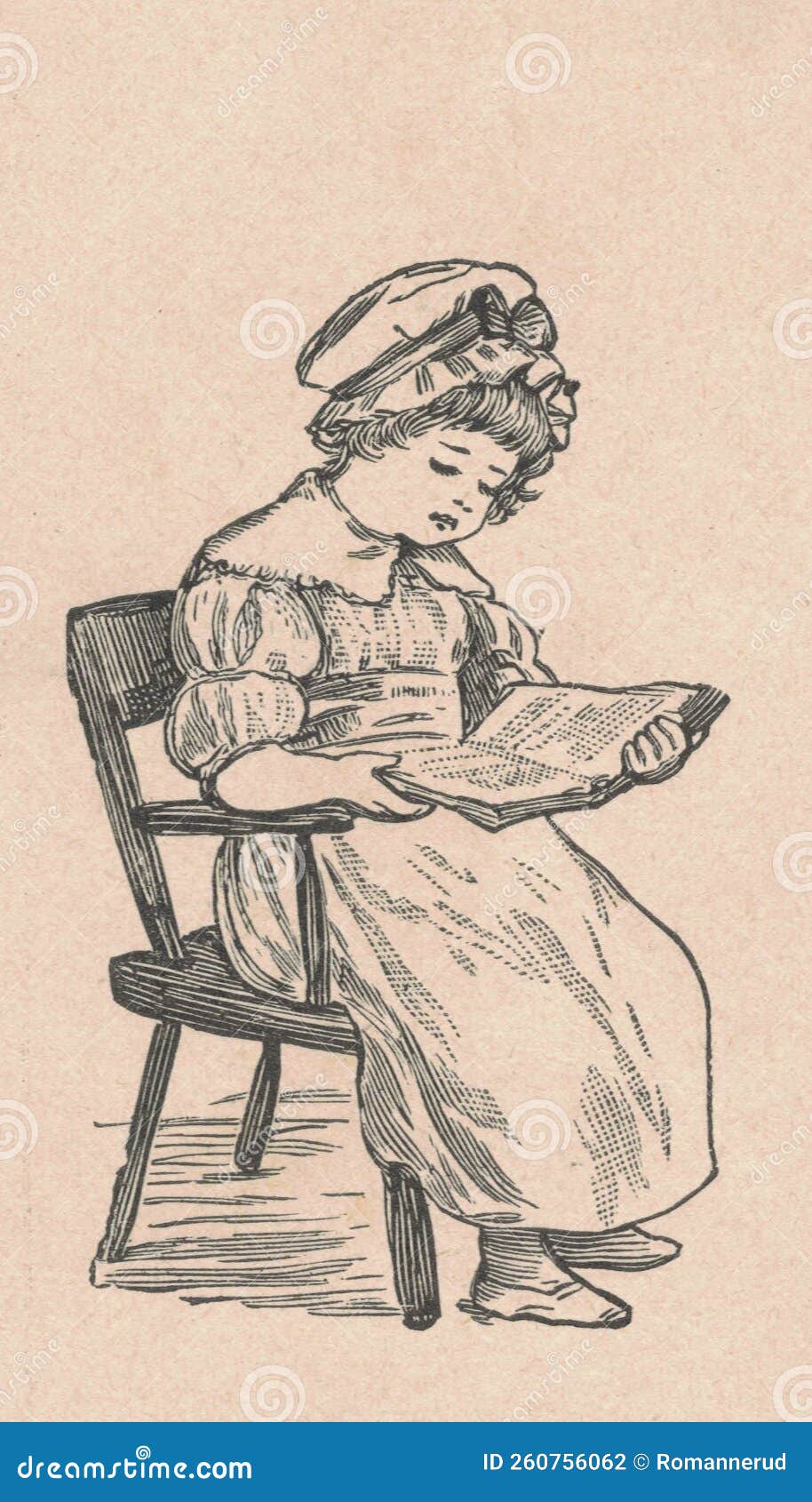 Black and White Antique Illustration Shows a Small Girl Reading a Book ... Black and White Antique Illustration Shows a Small Girl Reading a Book ...