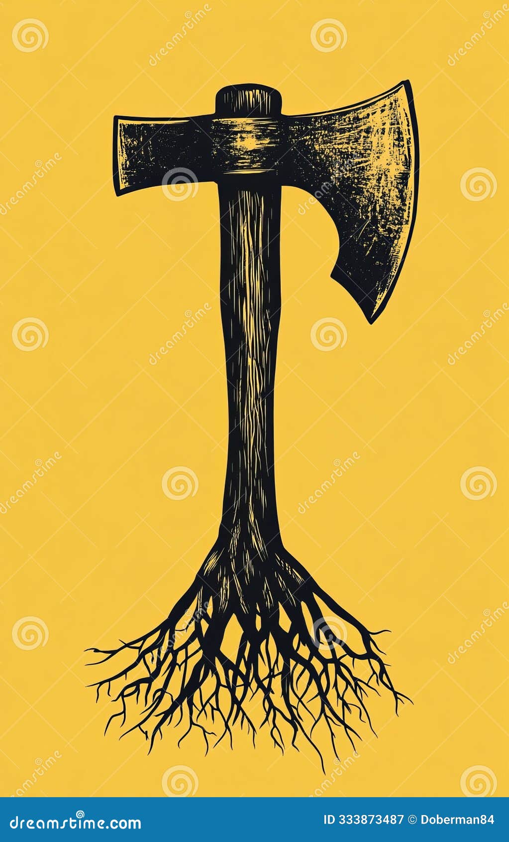 Black and White Axe with Tree Roots on Yellow Background Illustration ...