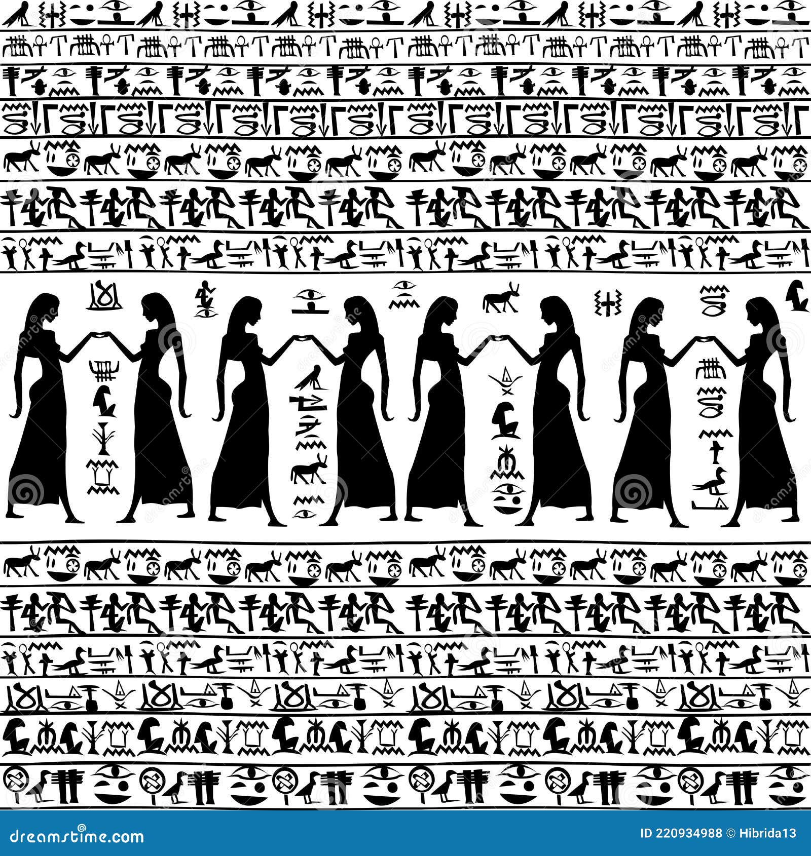 Black and White Background with Egyptian Women and Hieroglyphs Stock ...