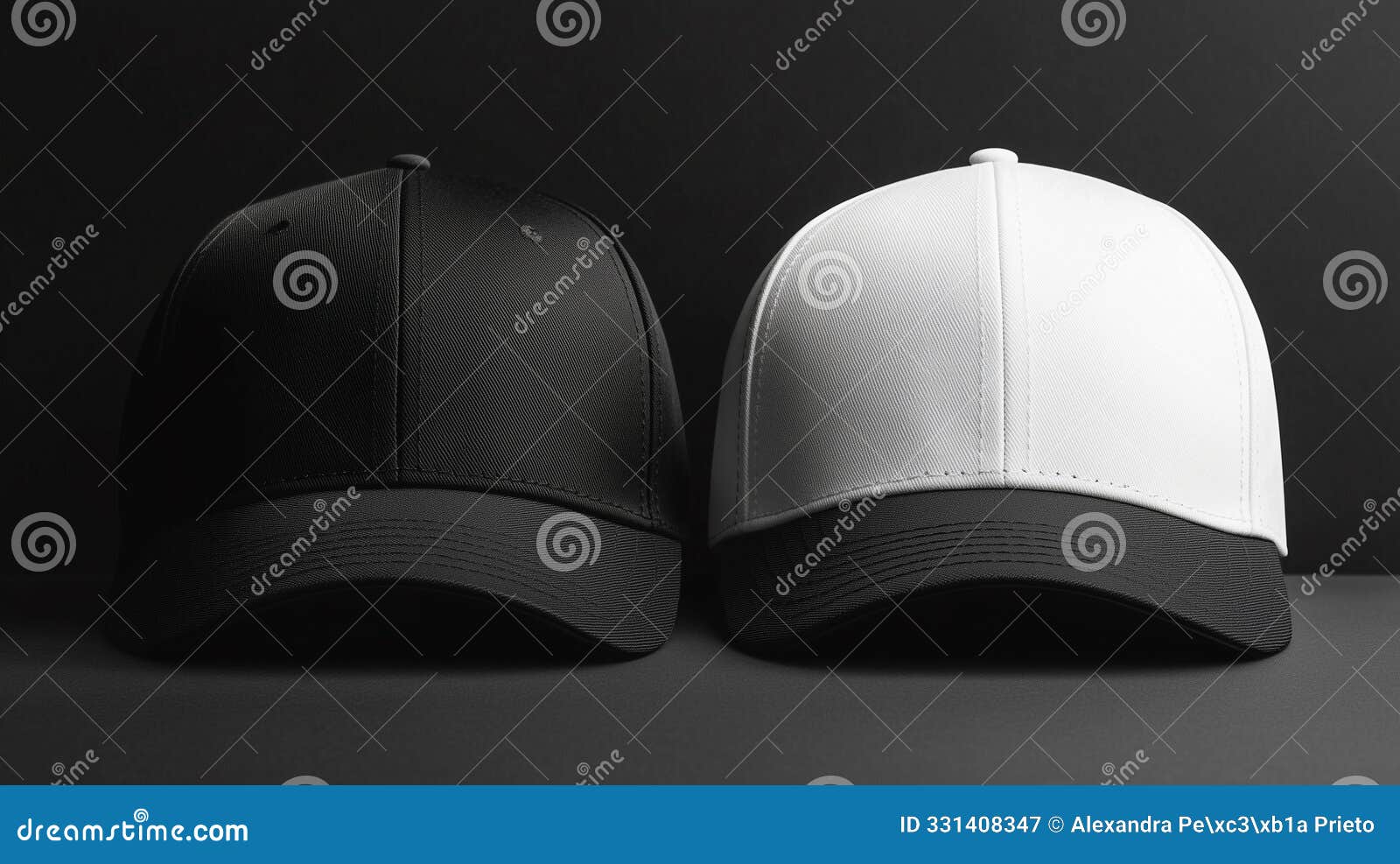 Black and White Baseball Caps Front View Mockup on Dark Background ...