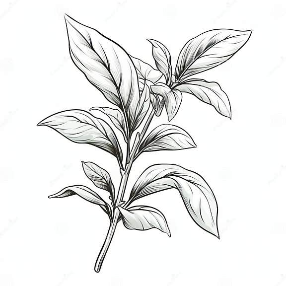 Black and White Basil Leaf Vector Drawing Stock Illustration ...