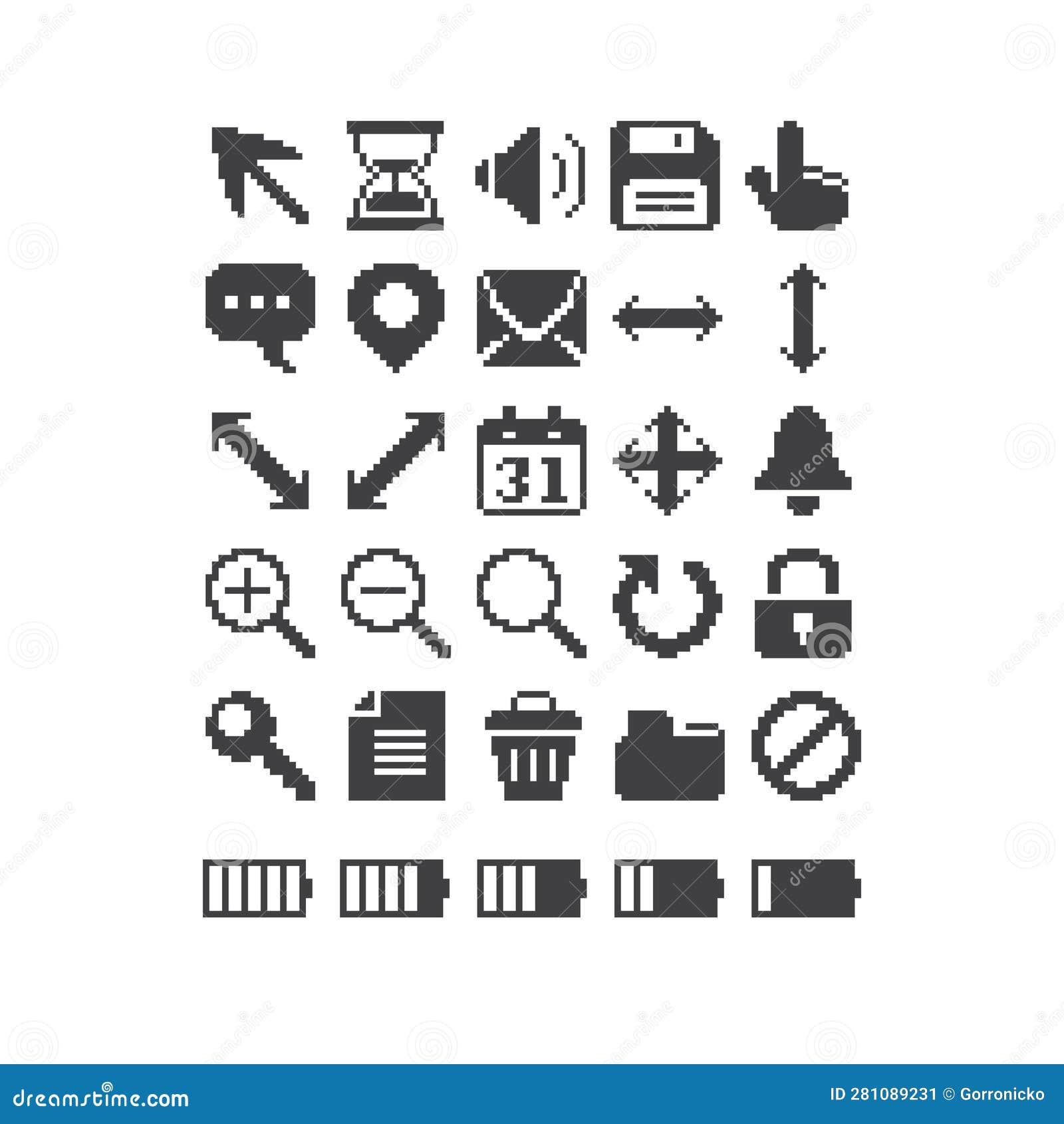 Black and White 1bit Pixel Art Minimalistic Set of PC Toolbar Interface ...