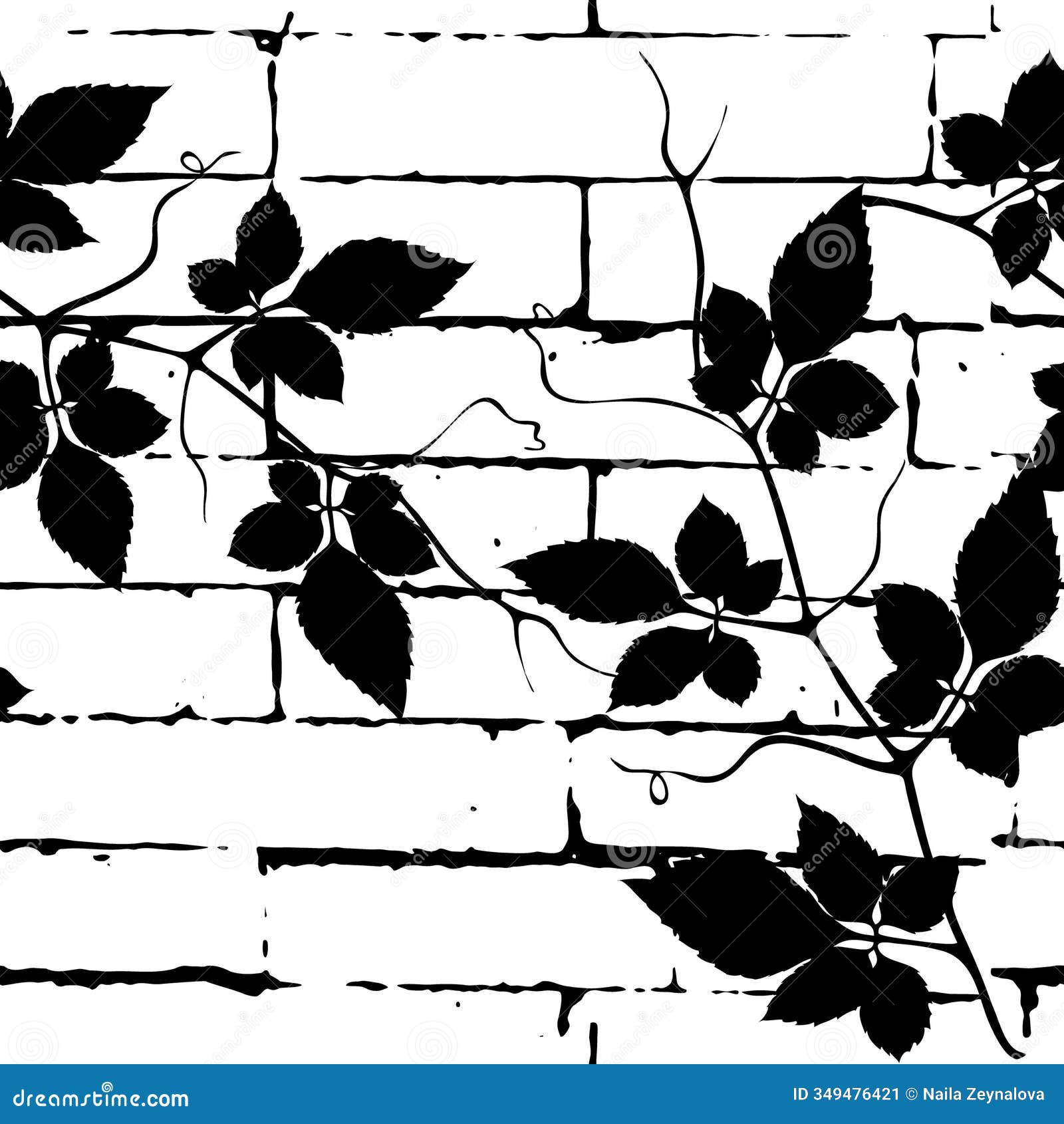 Black and White Brick Wall with Leaves and Vines Seamless Pattern ...