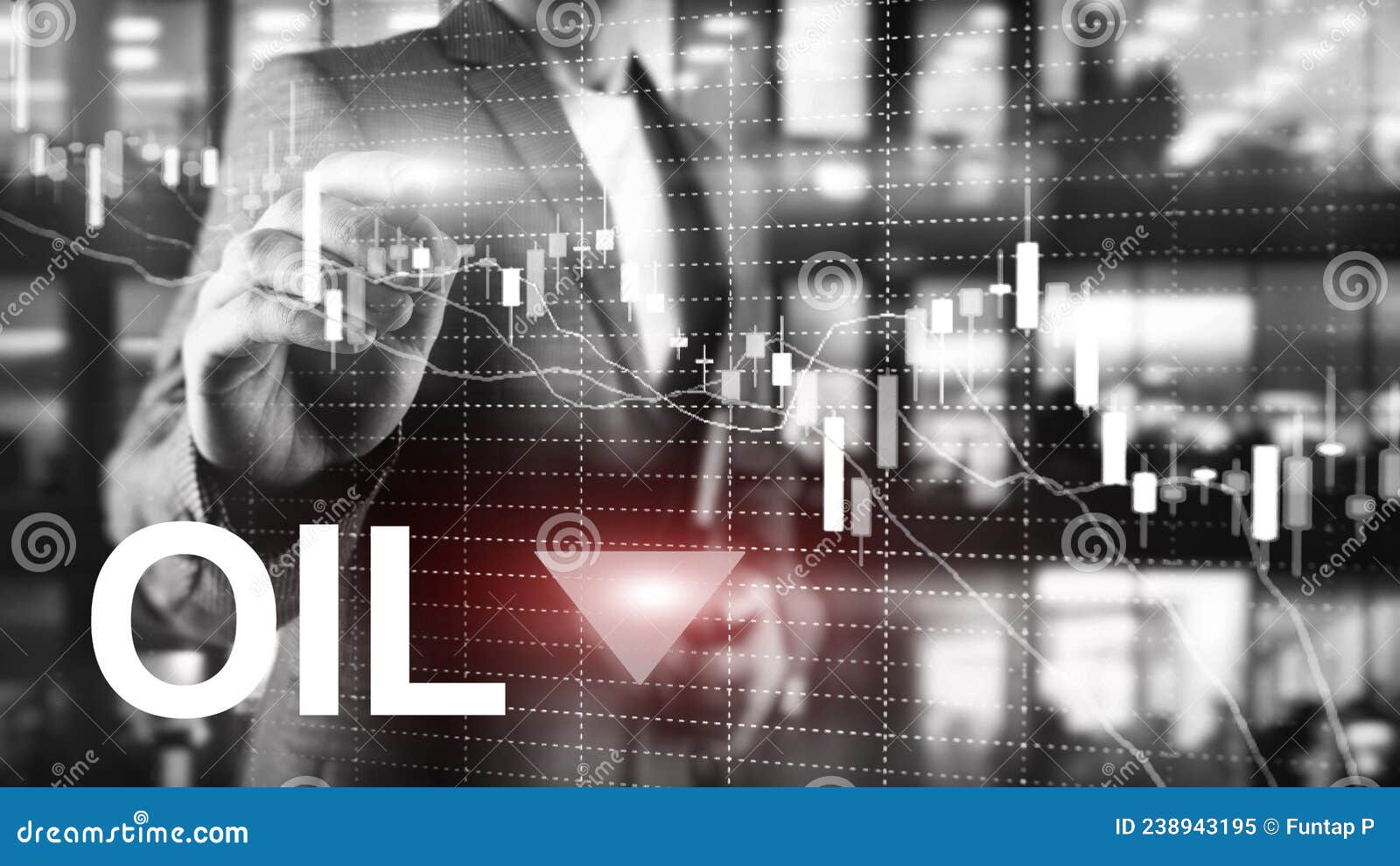 Oil Trend Down. Candle Graph Chart Oil Barrels And A Financial Chart On ...