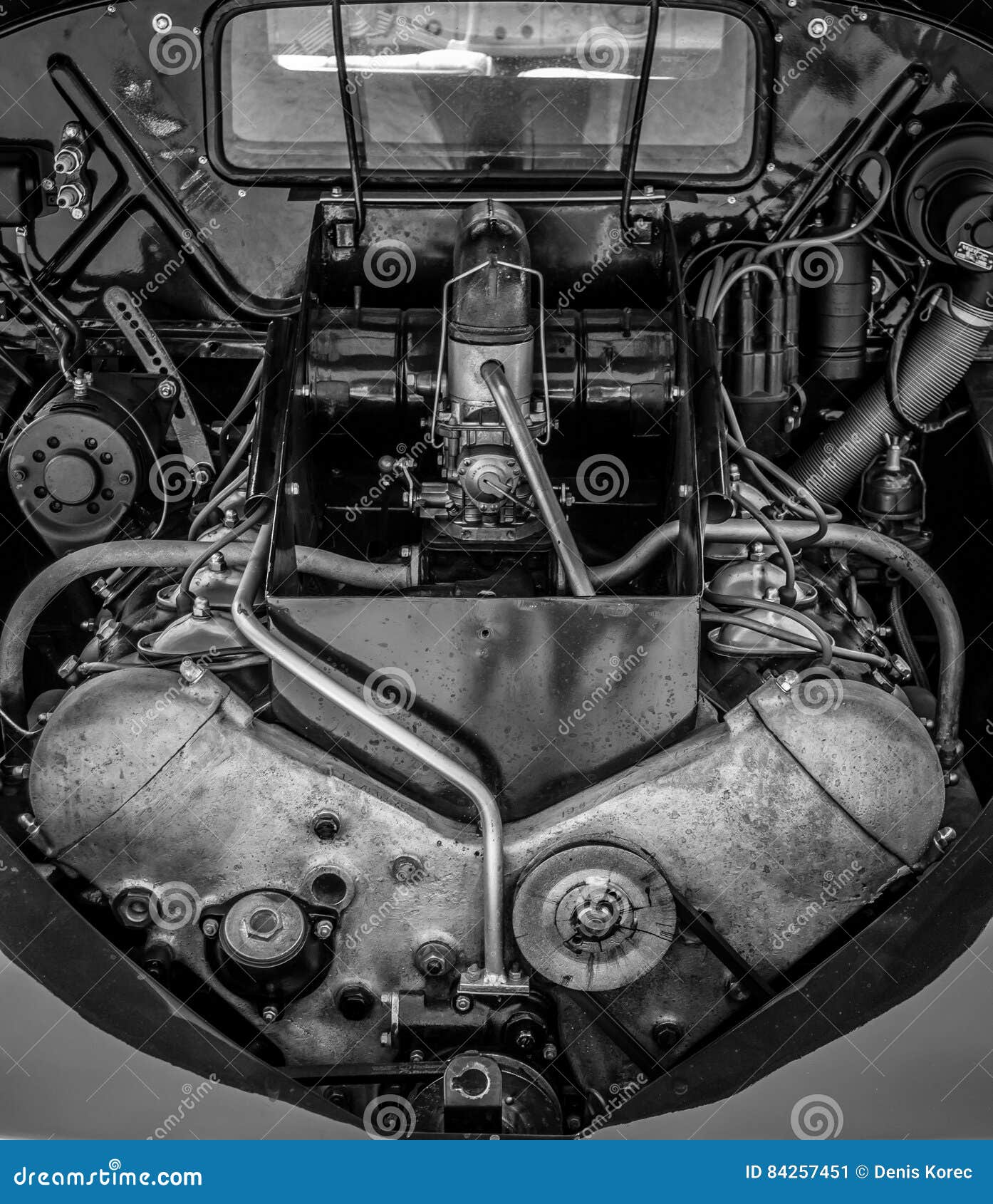 Black and White Car Engine, Old-timer. Stock Image - Image of black ...