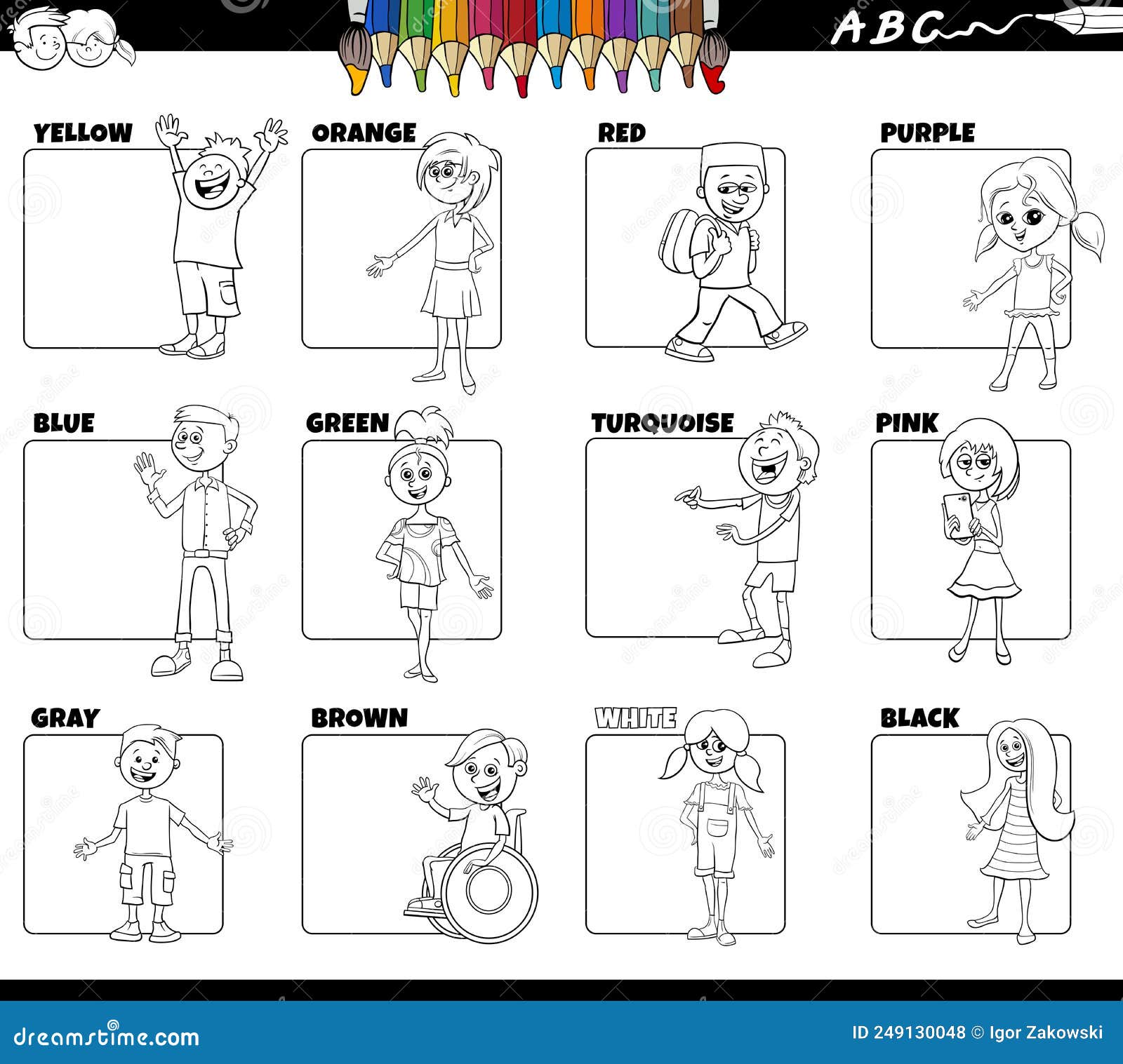 Basic Colors with Children Characters Set Coloring Page Stock Vector ...