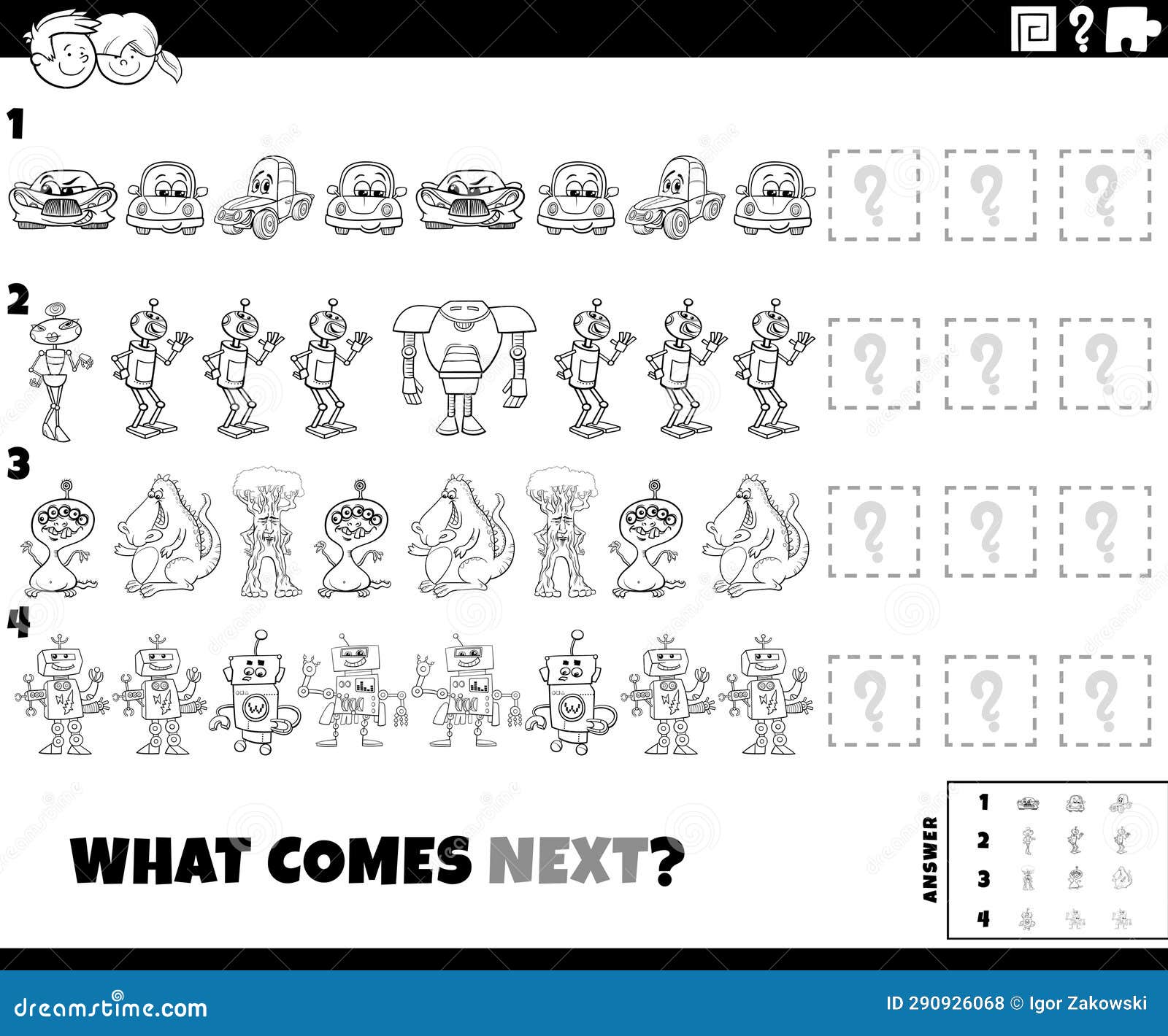 Educational Pattern Game with Cartoon Characters Coloring Page Stock ...