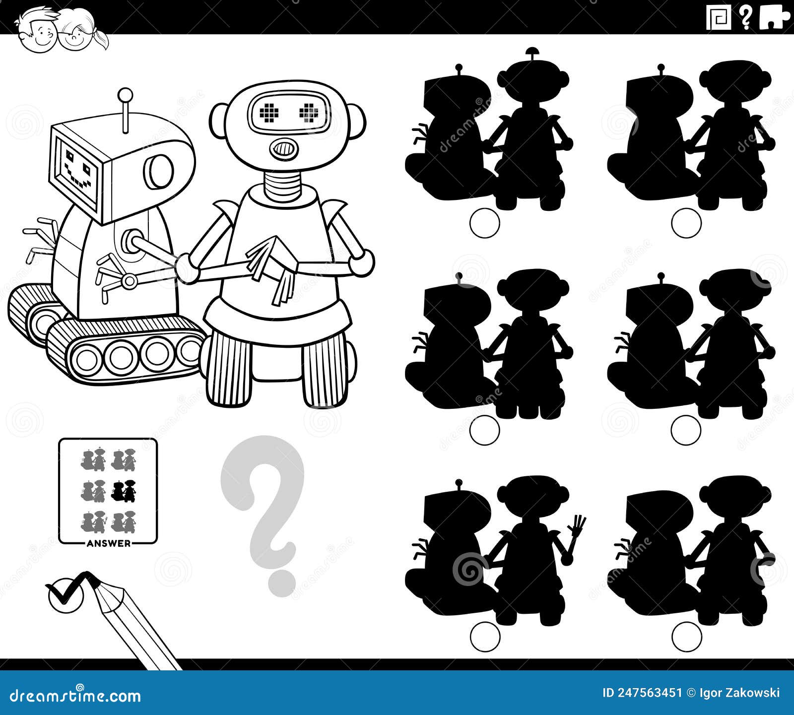 Shadows Game with Cartoon Robots Coloring Book Page Stock Vector ...
