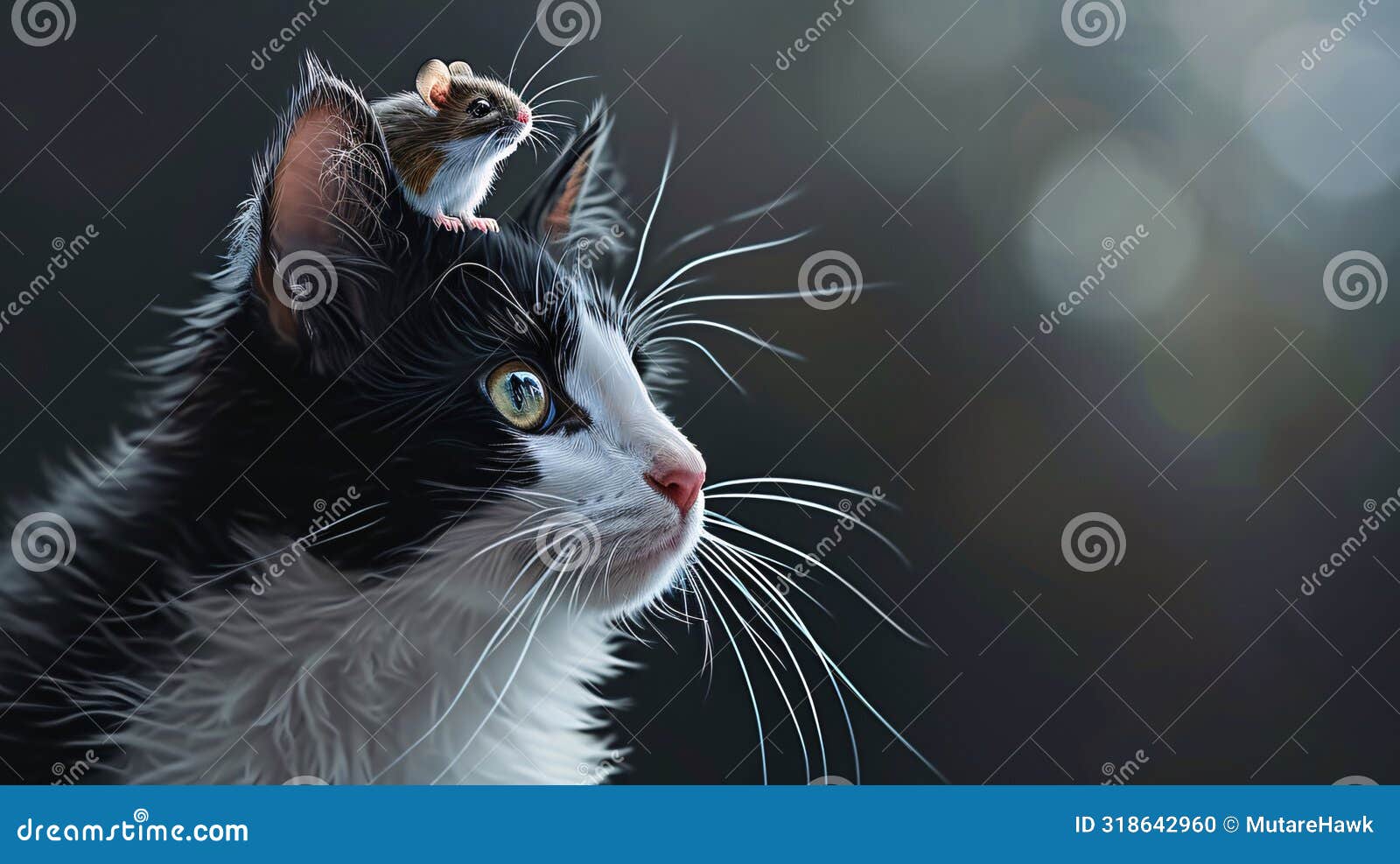 Black and White Cat and Mouse on a Dark Background. the Concept of Pets ...