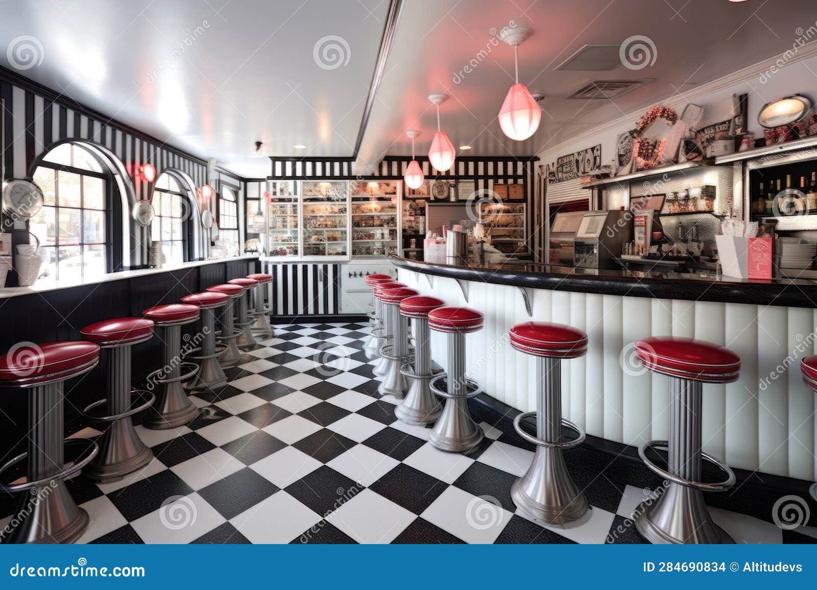 Black and White Checkered Floor in Milkshake Bar Stock Illustration ...