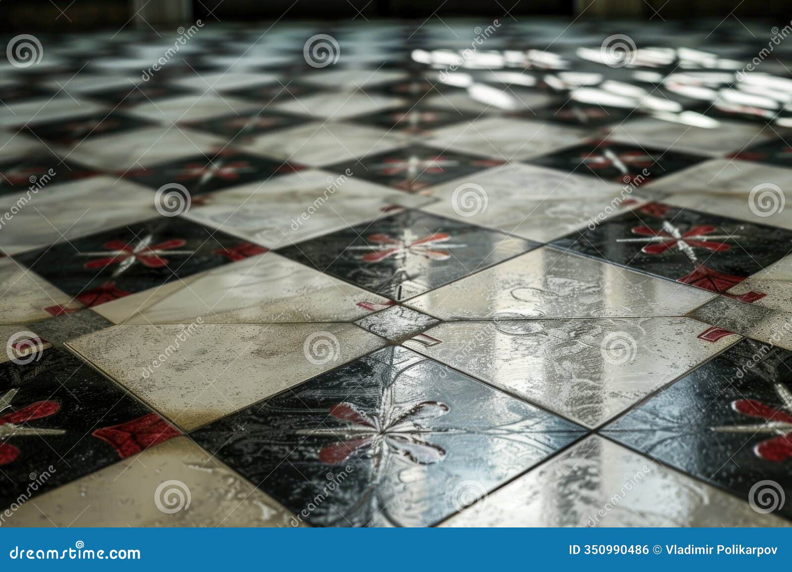 Black and White Checkered Floor with Red Flowers, Suitable for Interior ...