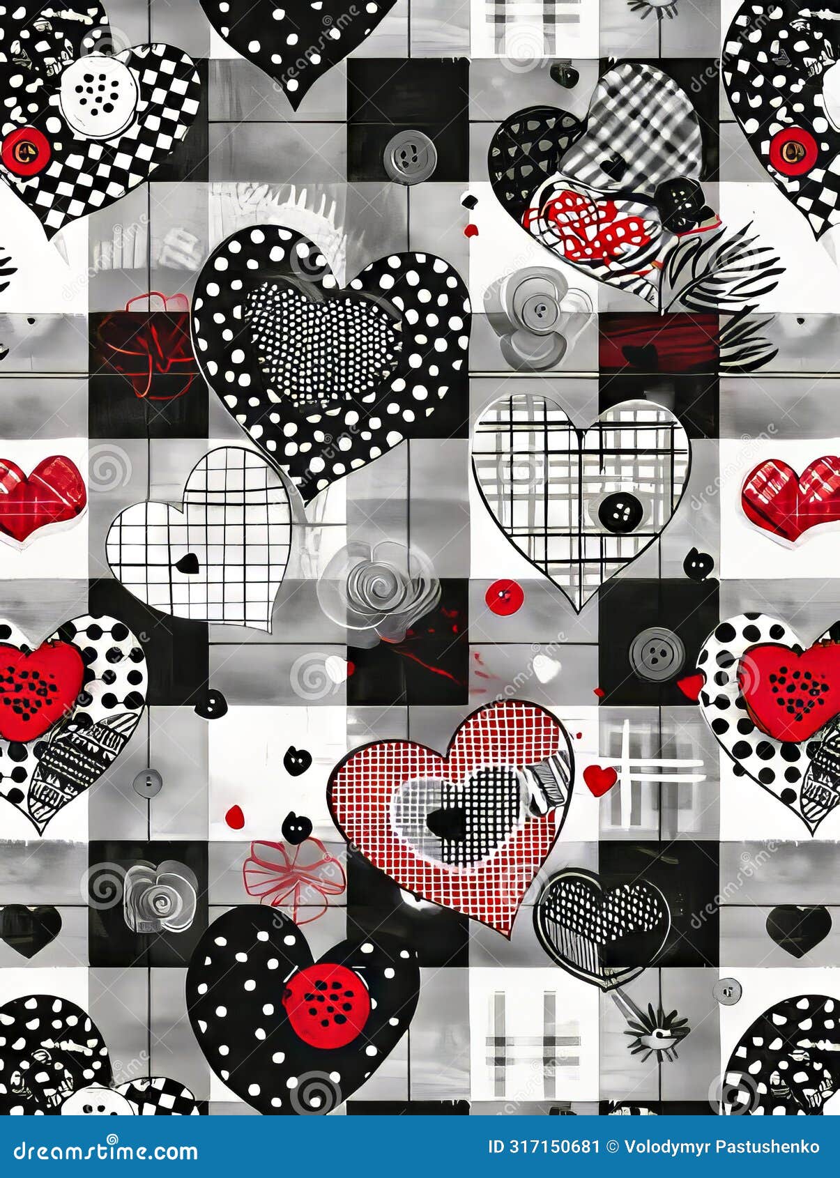 A Black and White Checkered Pattern with Hearts Stock Image - Image of ...