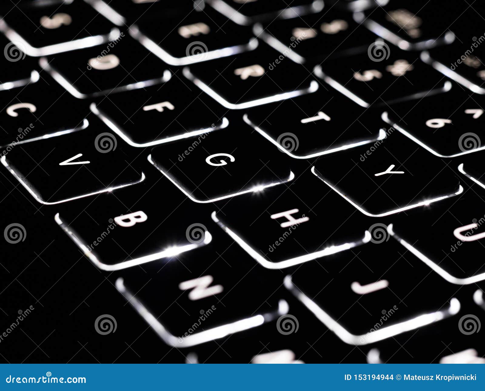 Black and White Close-up on Illuminated Keys of Computer Keyboard Stock ...