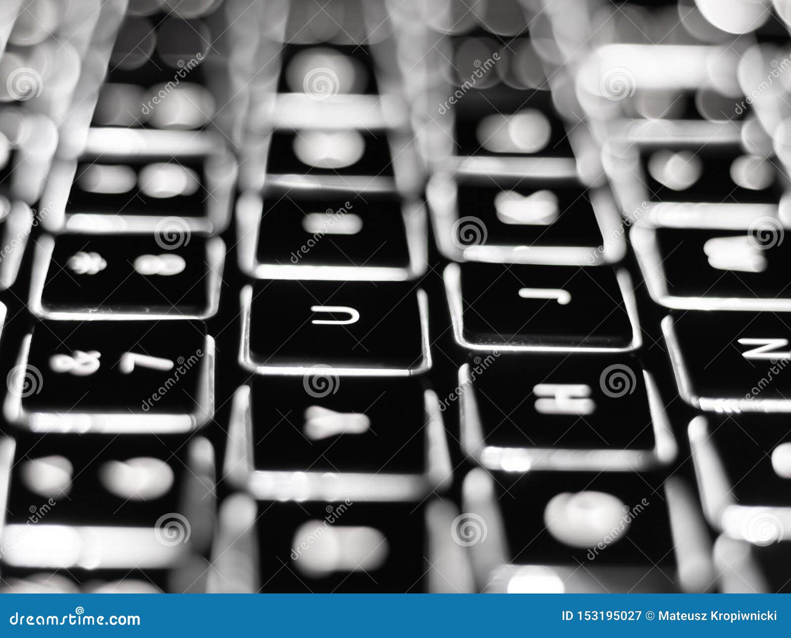 Black and White Close-up on Illuminated Keys of Computer Keyboard Stock ...