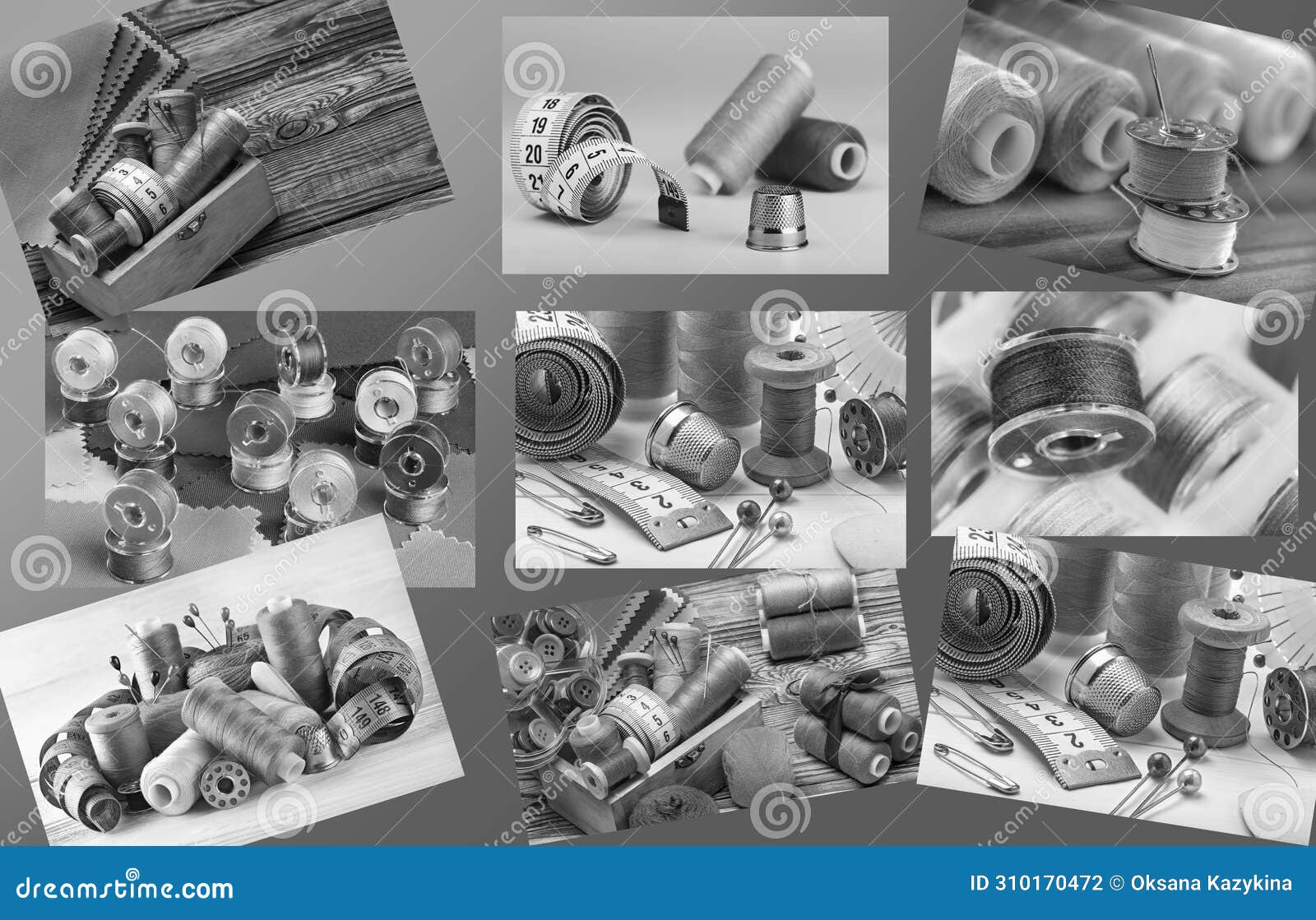 Black and White Collage of Sewing Kits, Threads, Needles, Pins Stock ...