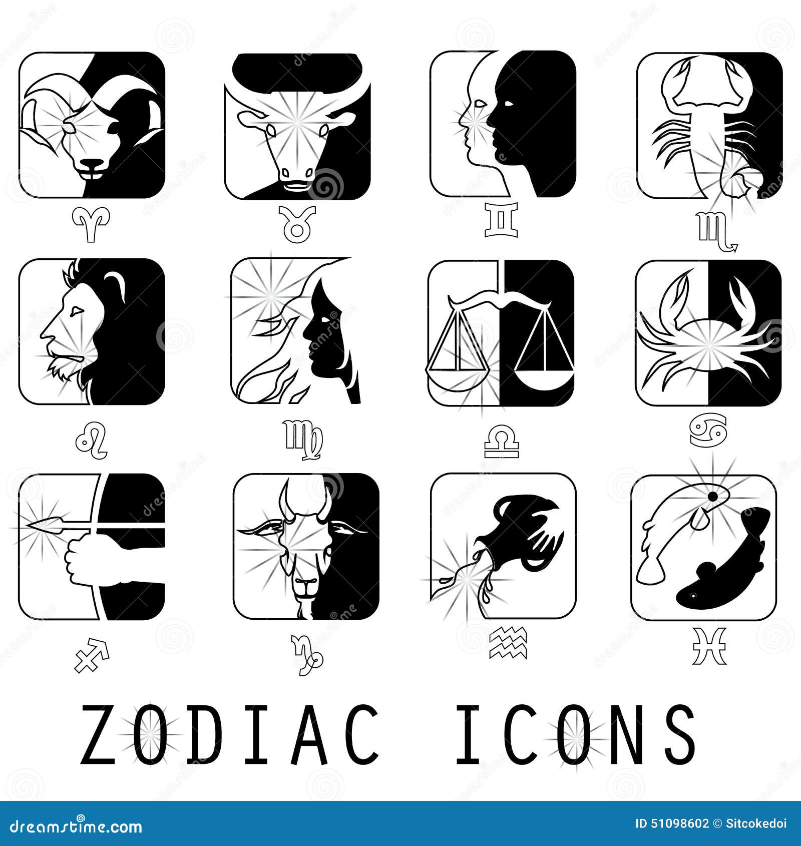 Zodiac Icons. Collection Of Twelve Icons Of Zodiac Signs. Vector Doodle ...