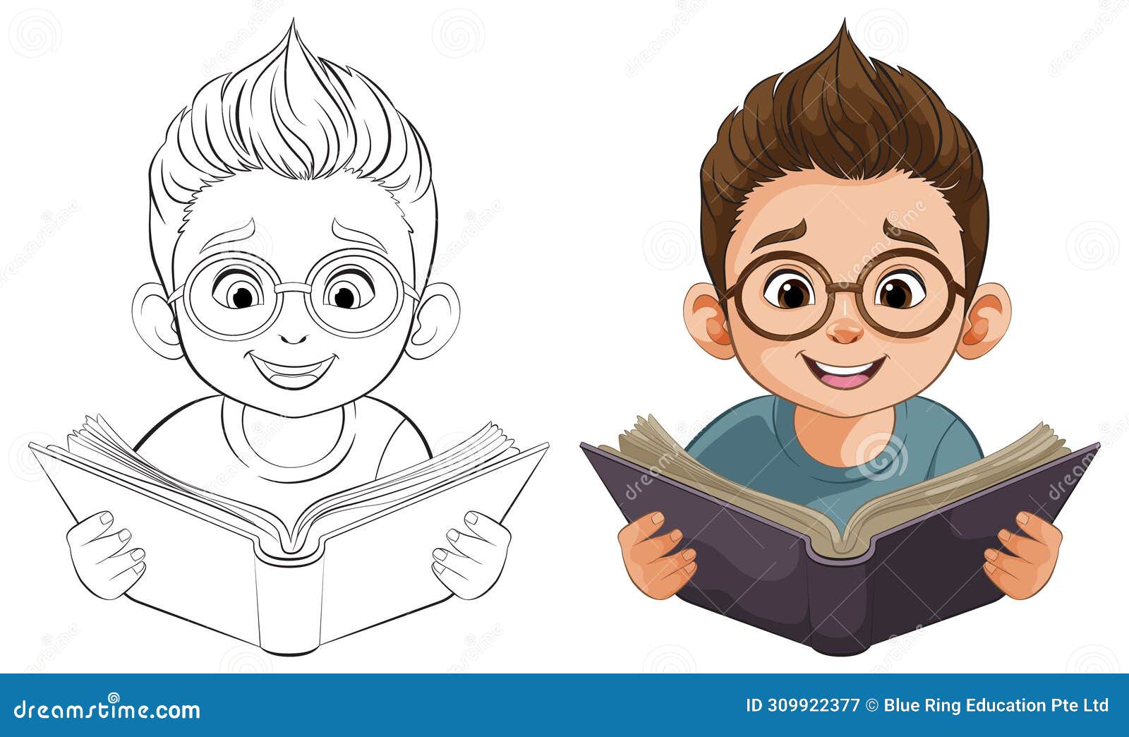 Outline and Colored of a Reading Boy Stock Vector - Illustration of ...