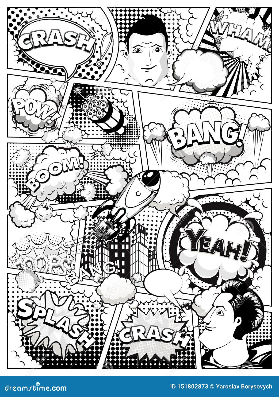Black And White Comic Book Page Divided By Lines With Speech Bubbles