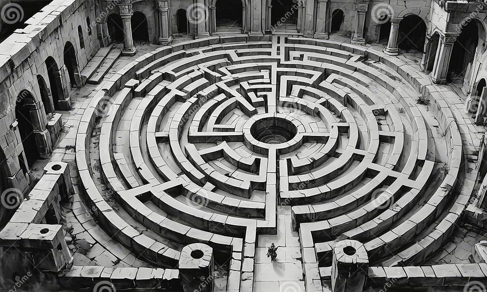 Black and White Complex, Intricate Maze with Multiple Levels and ...