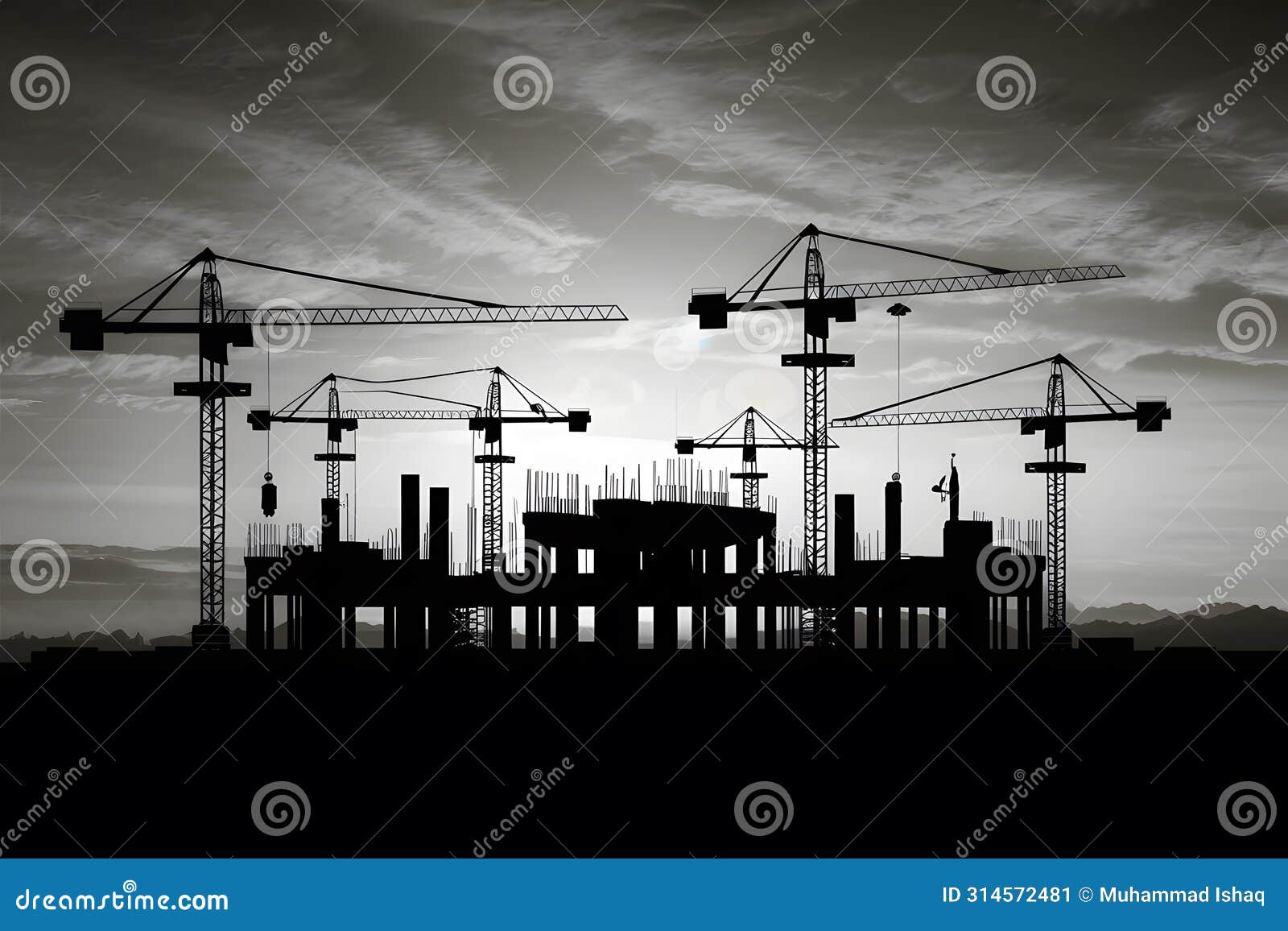Black and White Construction Site with Several Cranes Silhouette ...