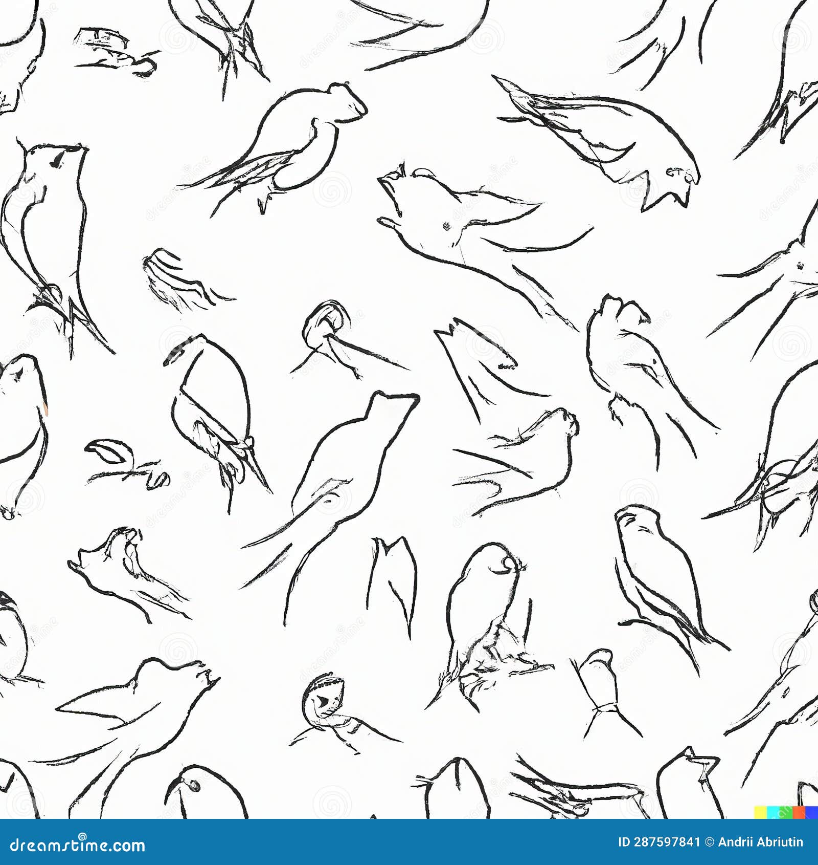 Contour Drawing of Birds in Seamless Pattern for Coloring Stock ...