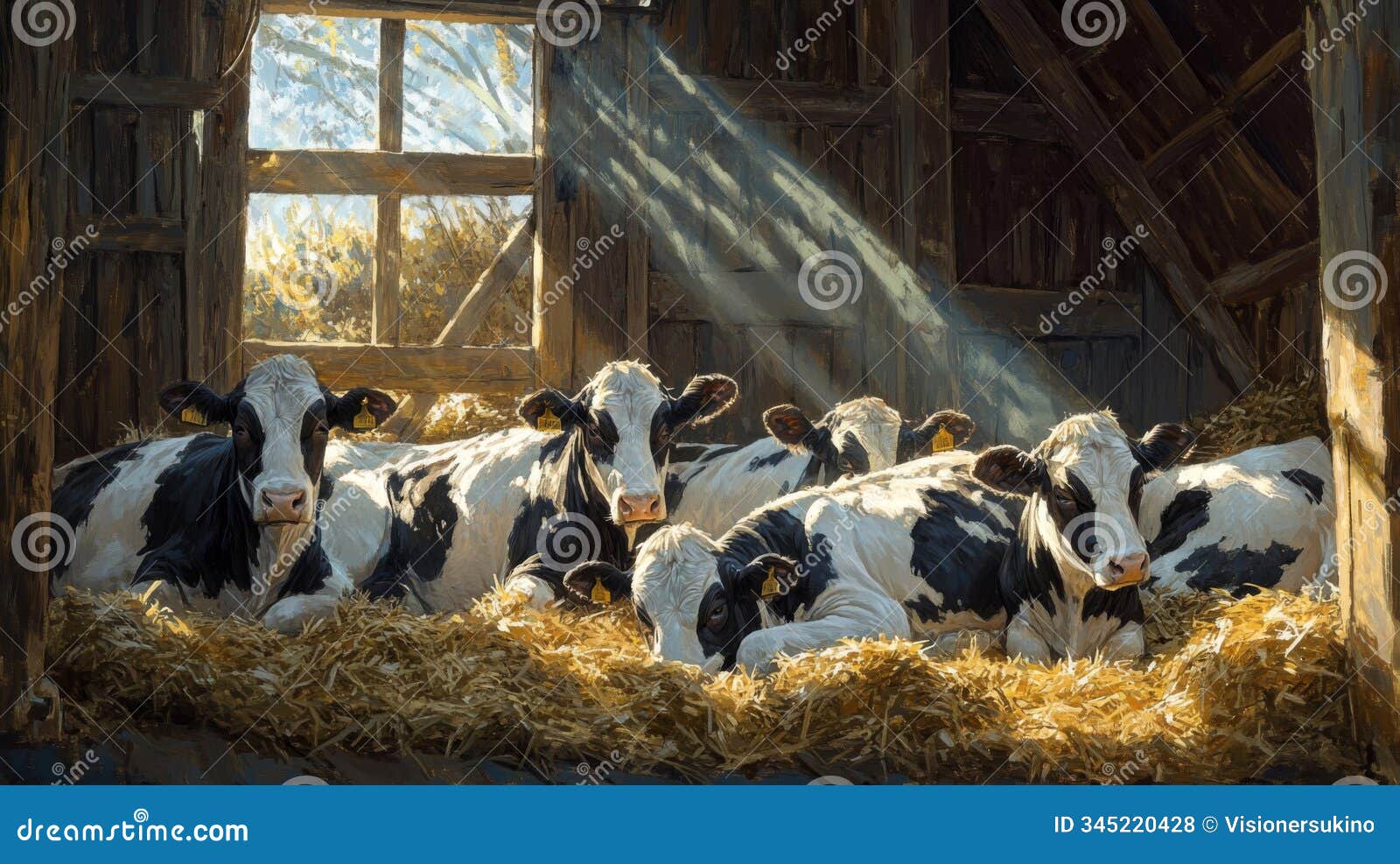 Black and White Cows Resting in a Sunlit Barn Stock Photo - Image of ...