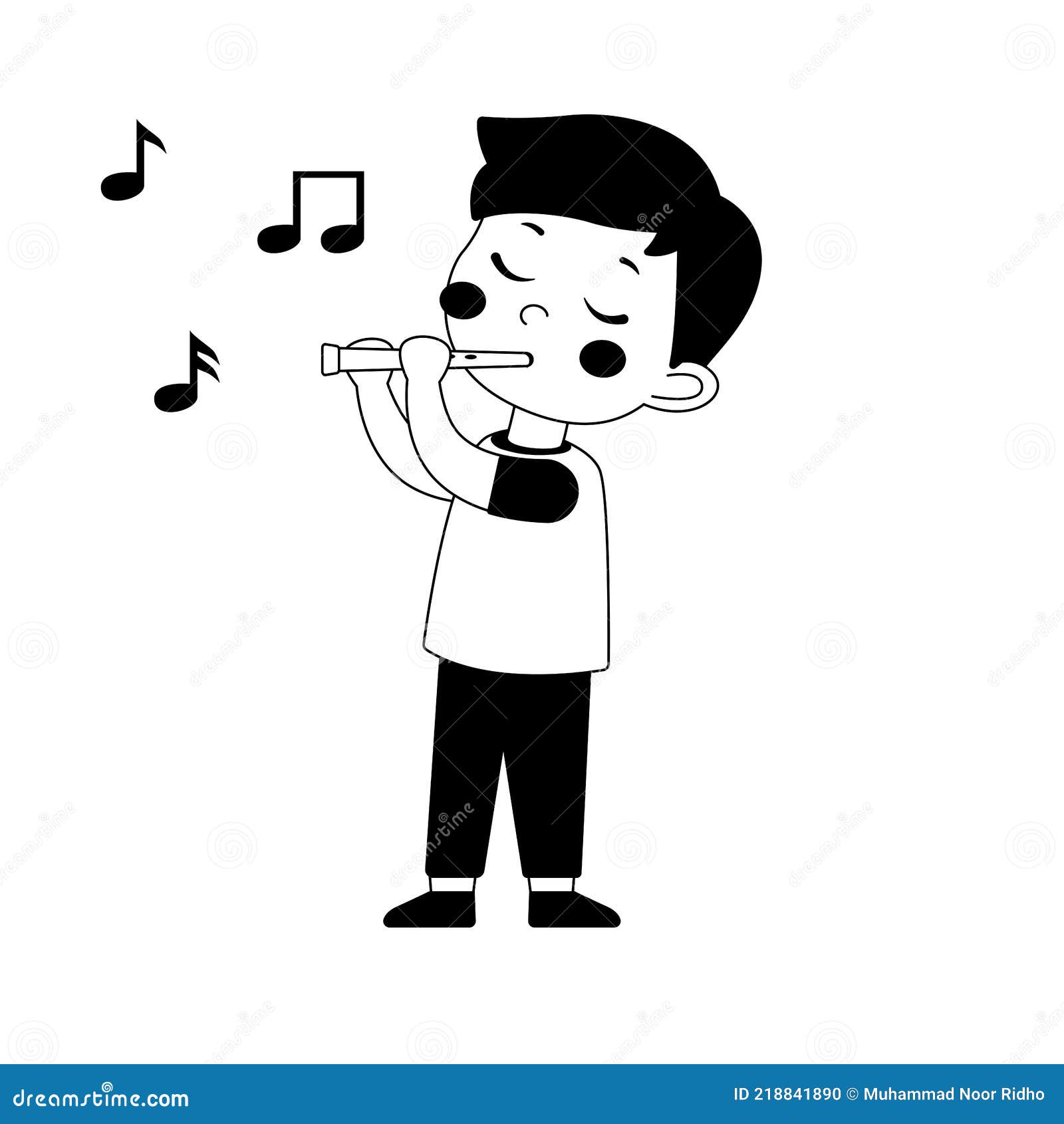 Black and White Cute Boy Playing on a Musical Instrument Recorder Stock ...