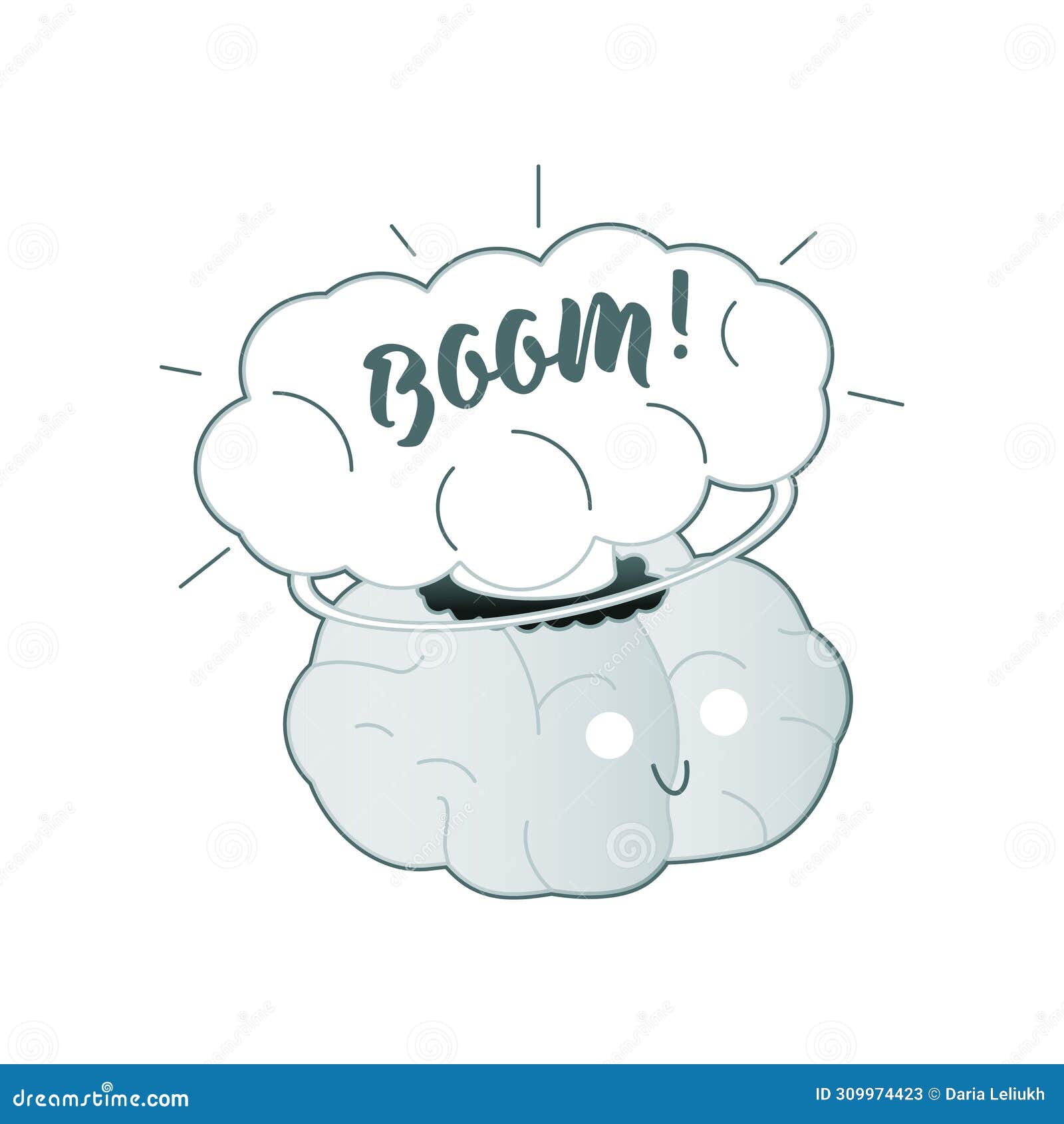 Black and White Cute Brain with Head Exploding. Boom Blast Cloud ...
