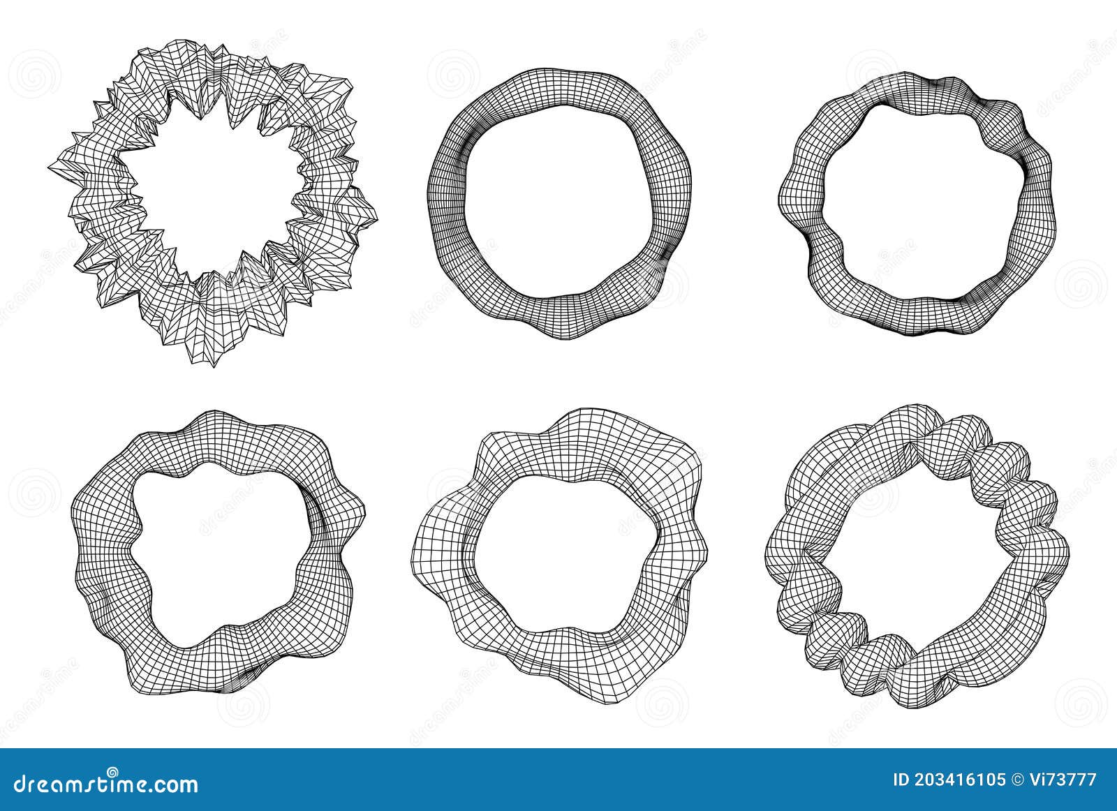 Black and White Distorted Wired Polygonal Torus Ring. Technology Equalizer Concept. Geometric ...