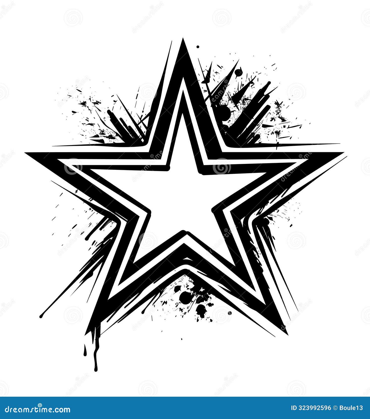 Black and White Distressed and Disintegrating Five-pointed Star with a ...