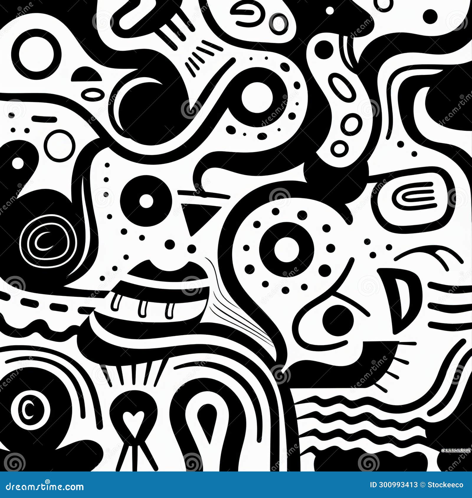 Abstract Black and White Doodle Drawing with Organic Shapes and Emotive ...