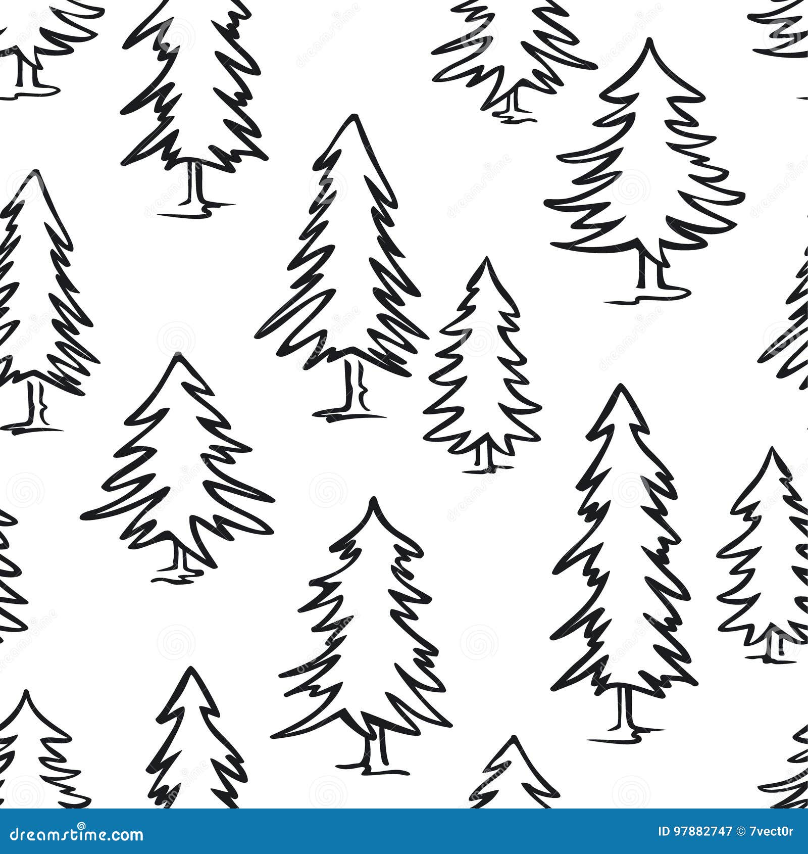Black and White Doodle Pine Trees Seamless Pattern Stock Vector ...