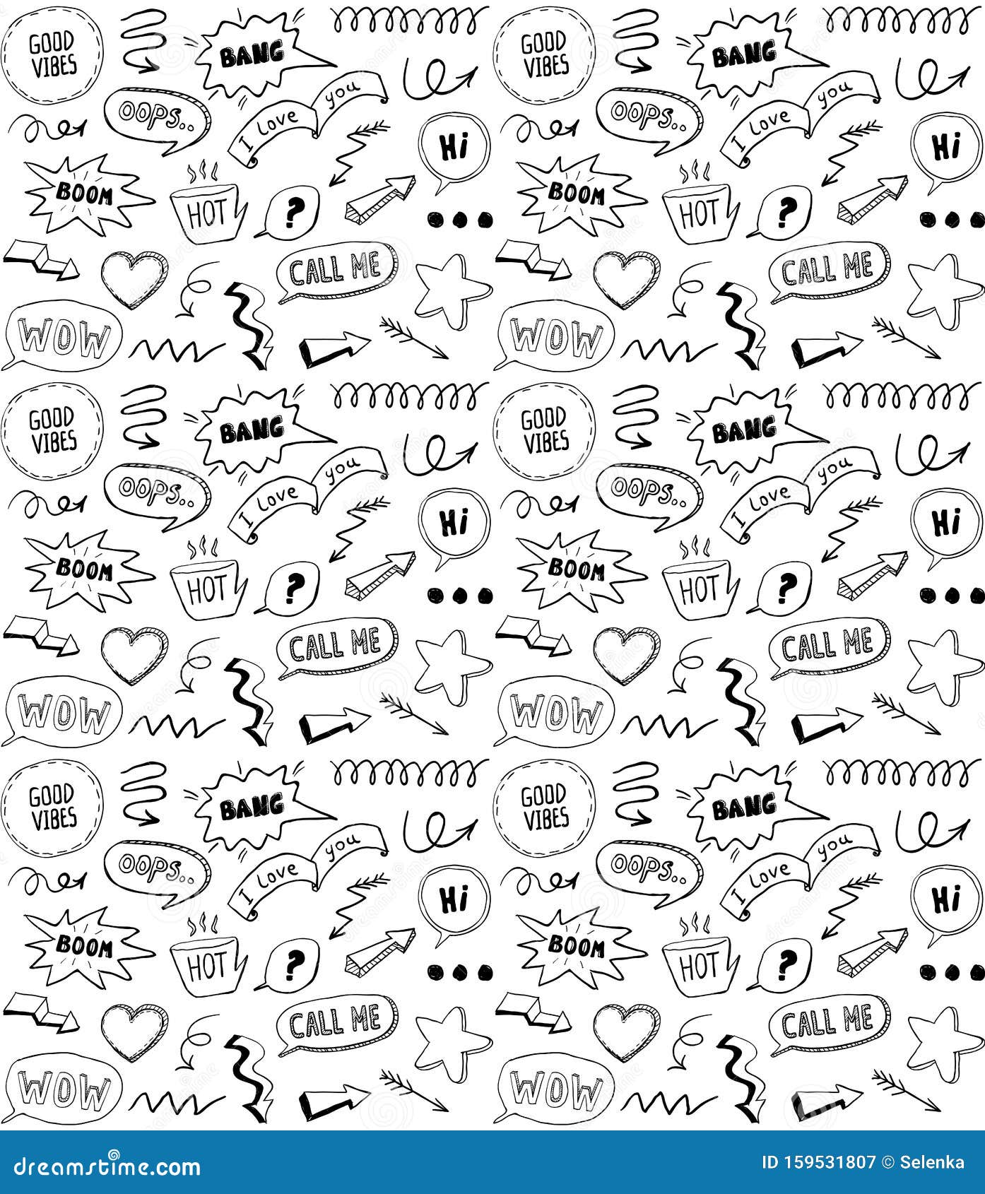 Black and White Doodle Style Seamless Pattern with Comic Style Elements ...