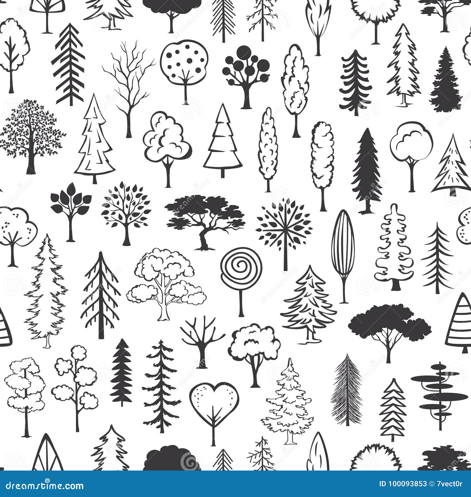 Doodle Trees Coloring Pages Set. Black And White Templates With ...