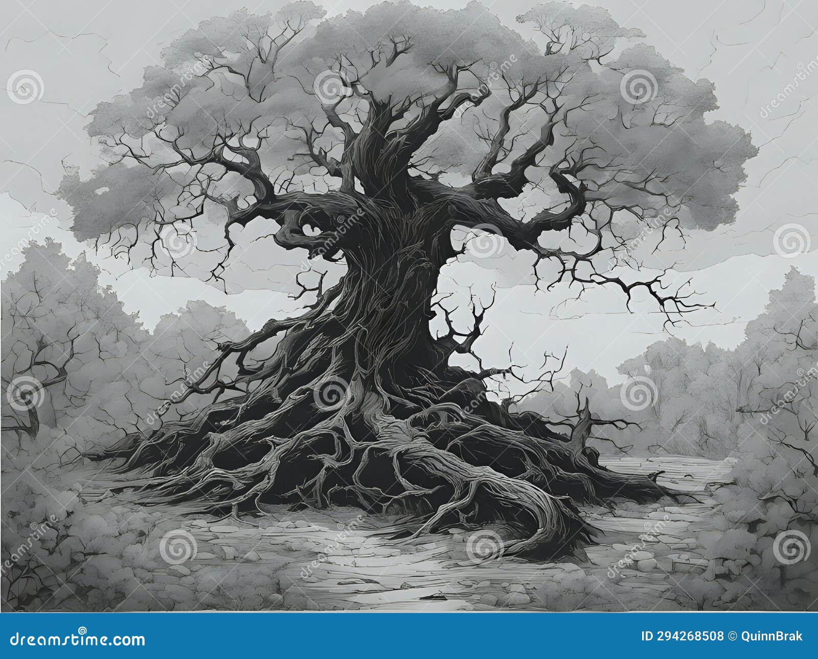 Black and White Drawing of Ancient Tree Stock Illustration ...