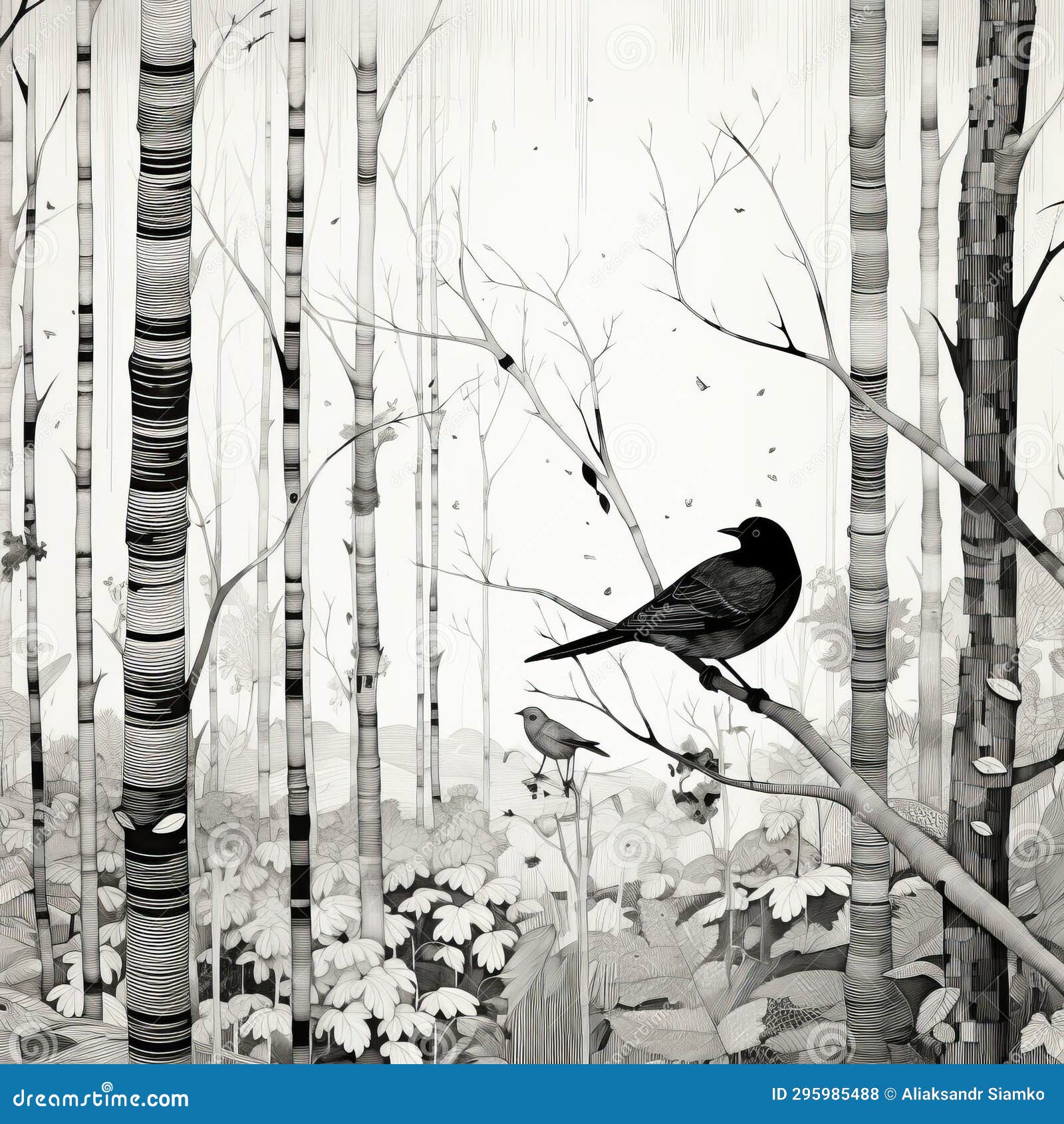 A Black and White Drawing of a Bird on a Tree Branch Stock Illustration ...