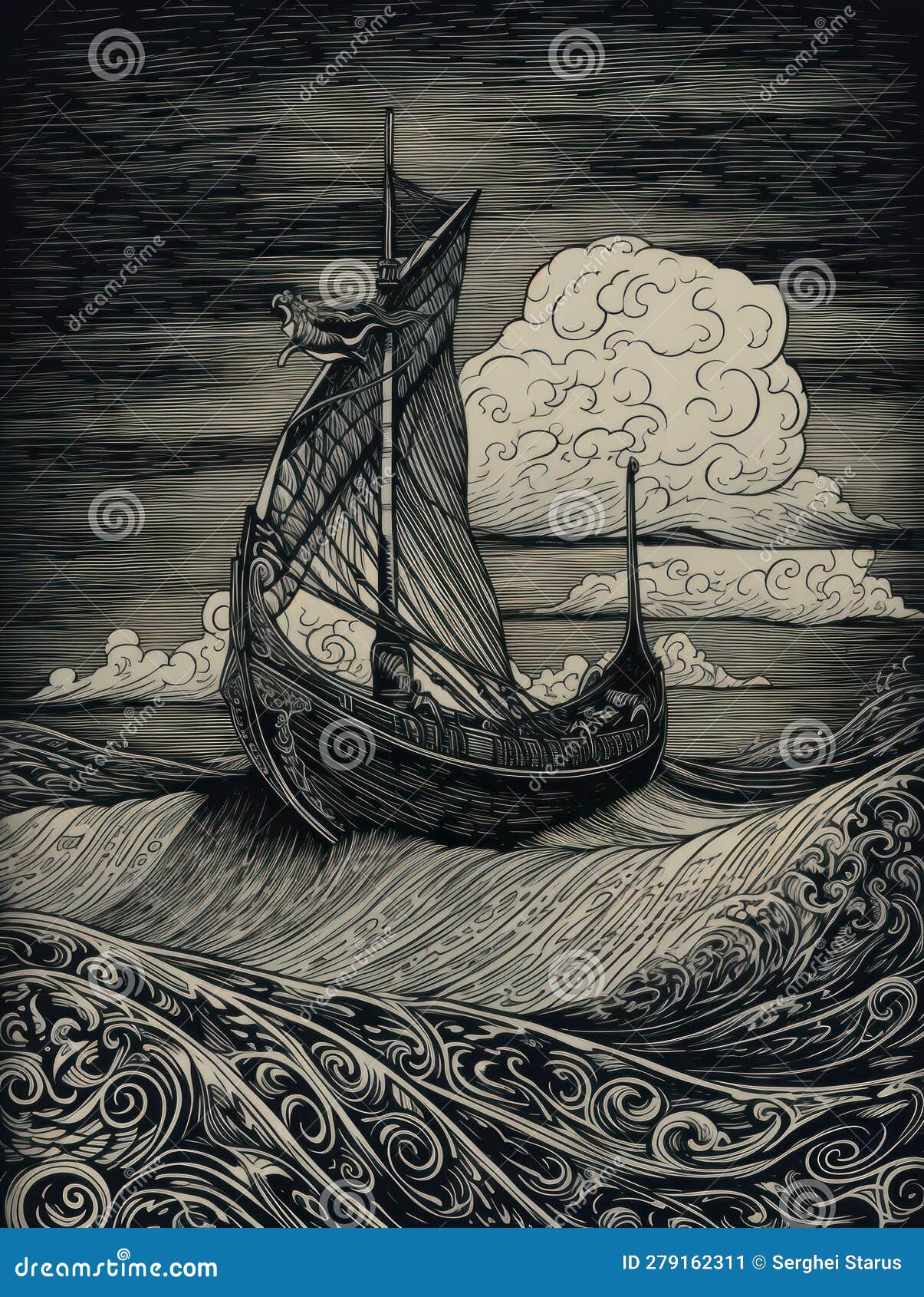 A Black and White Drawing of a Boat in the Ocean. Generative AI Image ...