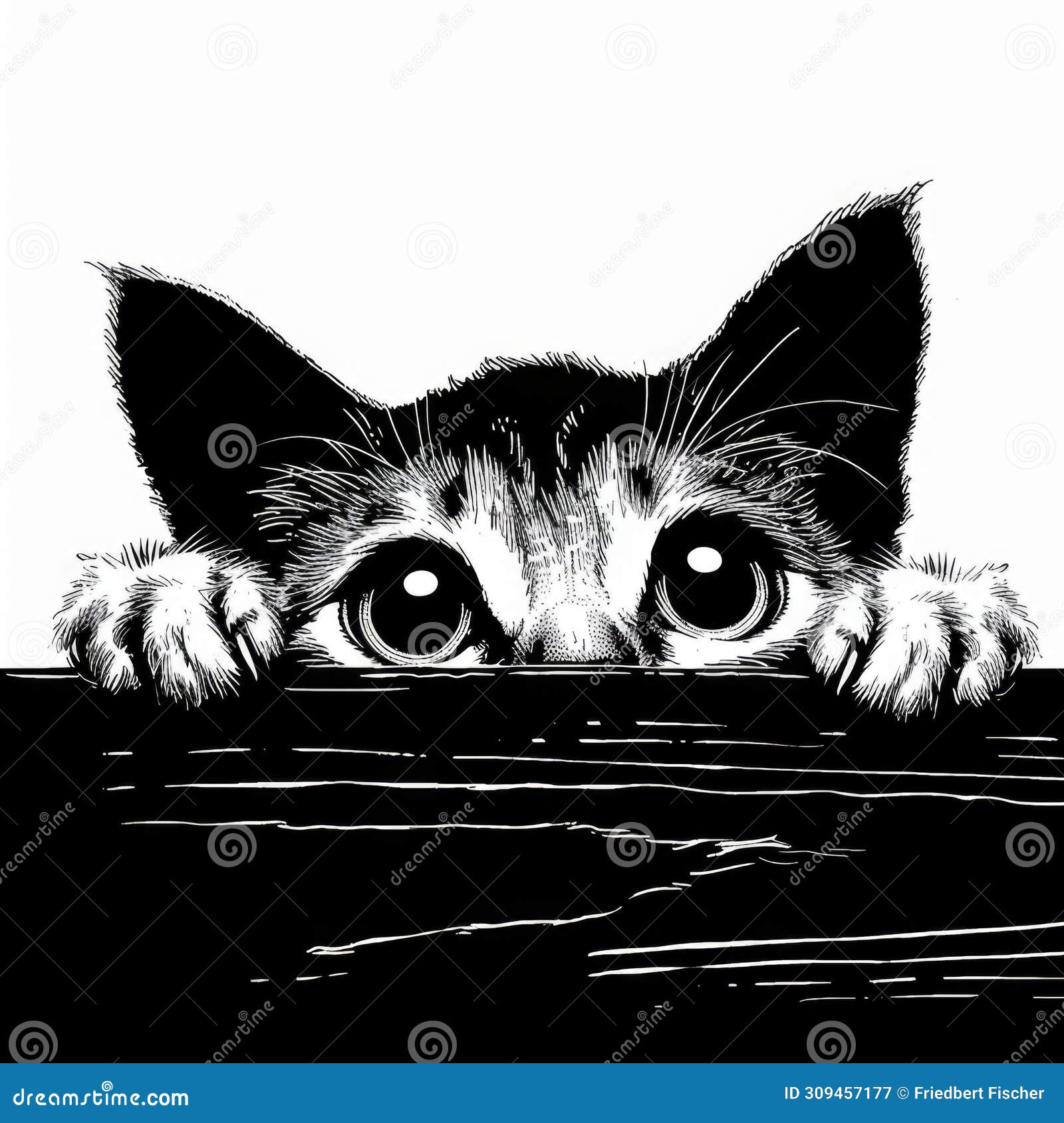A Black and White Drawing of a Cat Peeking Over a Fence Stock ...