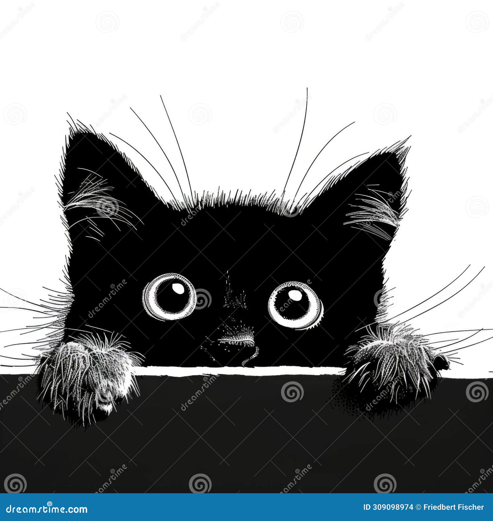 A Black and White Drawing of a Cat Peeking Over a Wall Stock ...