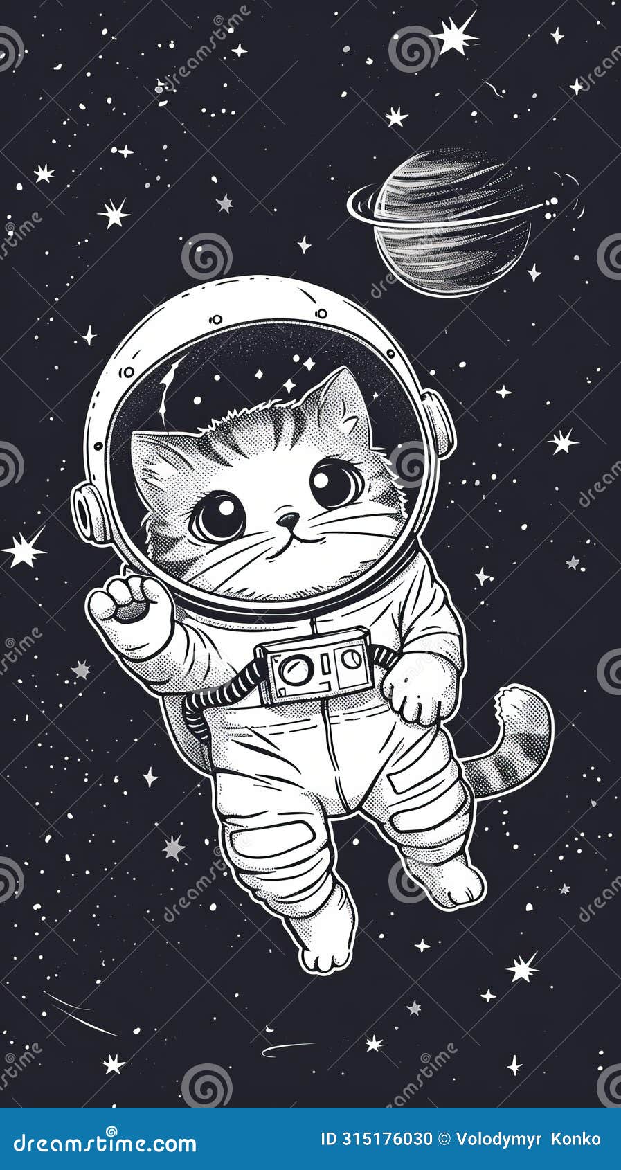 Black and White Drawing of Cat in Space Suit - Astronaut Artwork Stock ...