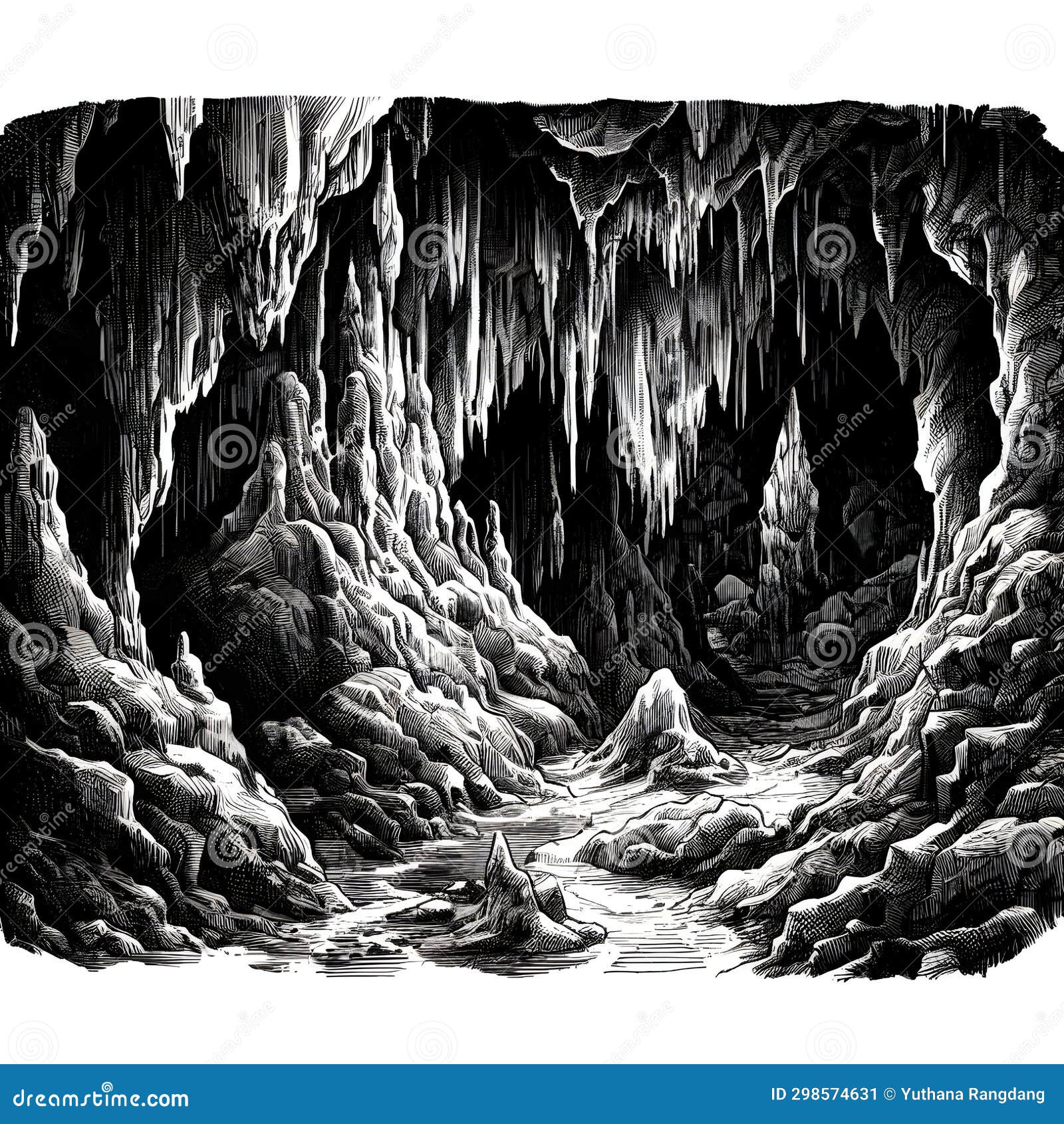 Black and White Drawing of a Cave. Stock Illustration - Illustration of ...