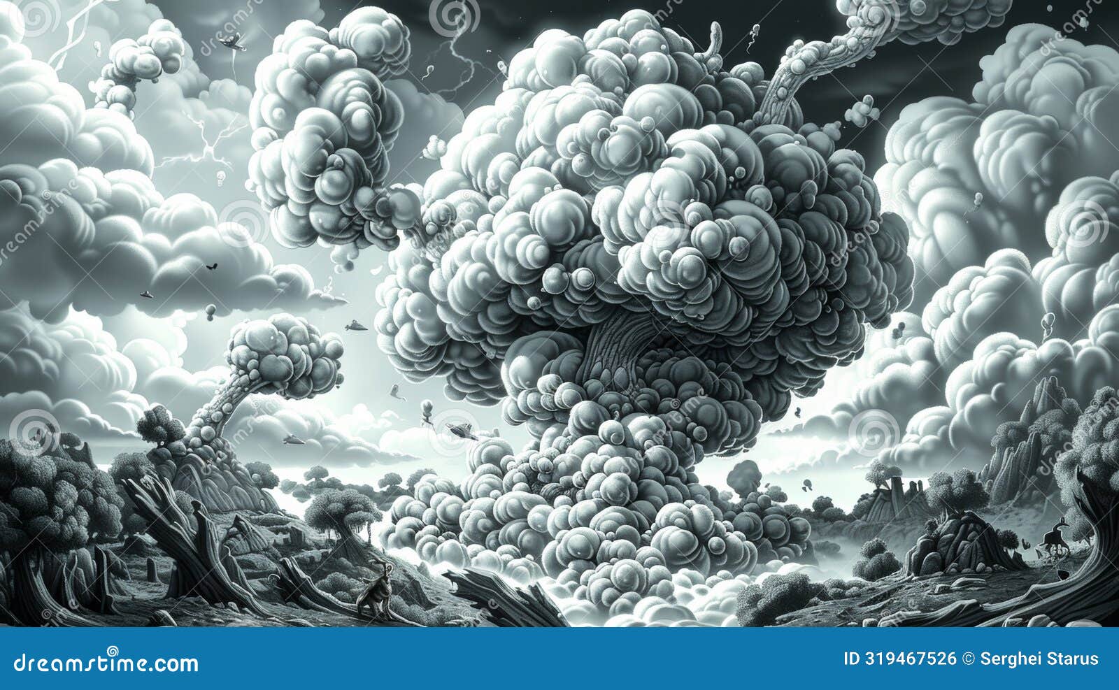 A Black and White Drawing of a Cloud that is Exploding, AI Stock Photo ...