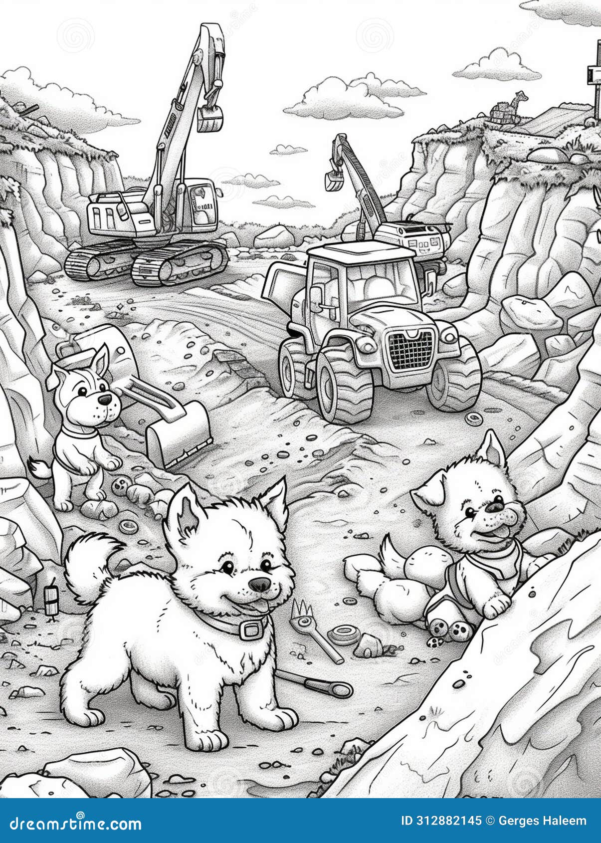 A Black and White Drawing of a Construction Site Stock Illustration ...