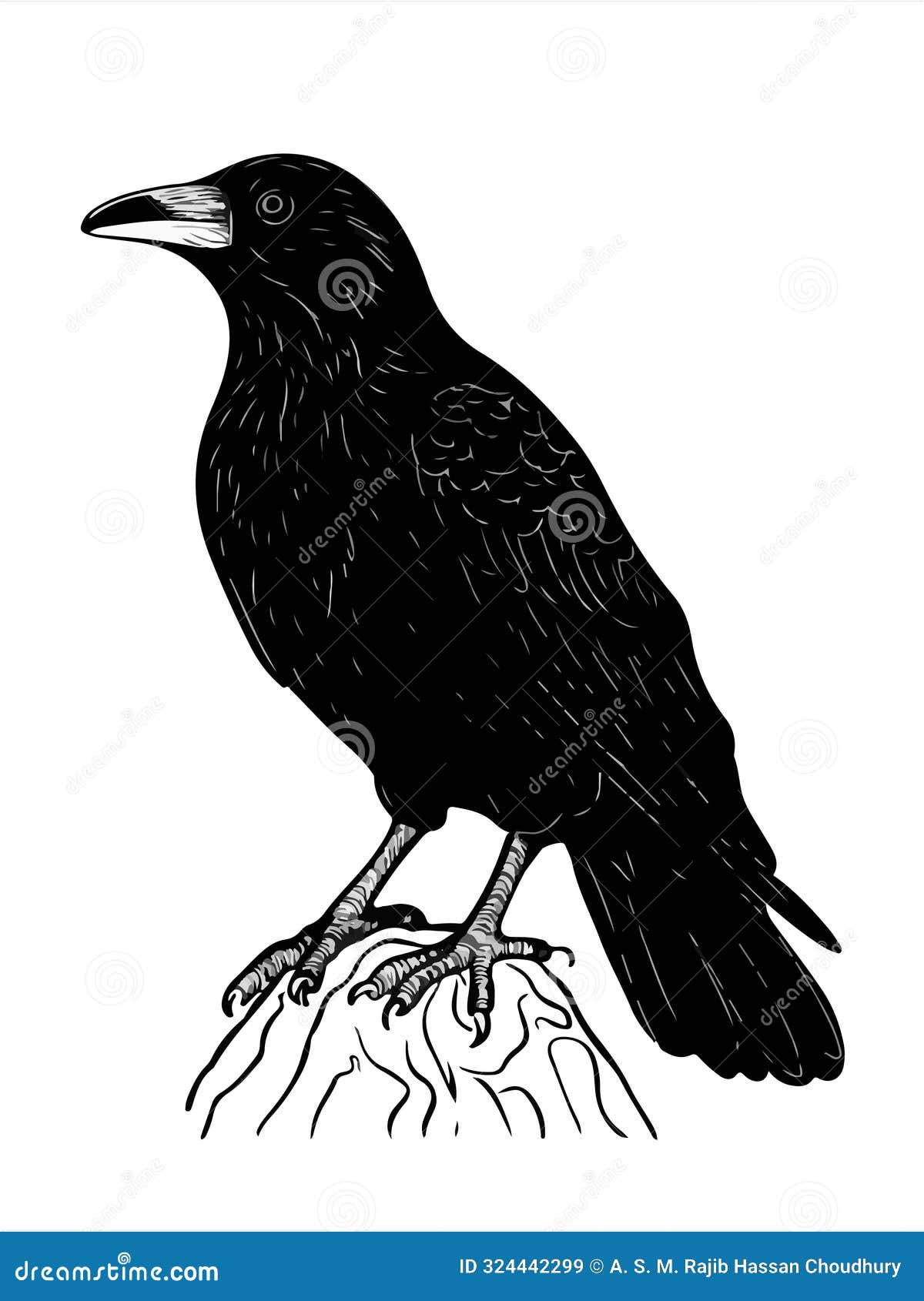 Drawing of a Crow Perched on a Rock Stock Illustration - Illustration ...