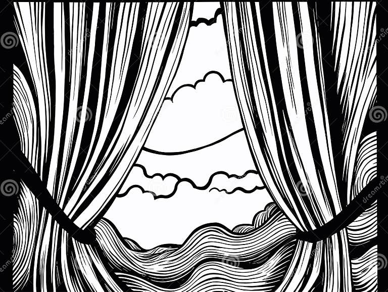 A Black and White Drawing of a Curtain - Wide Open Curtain Pattern with ...