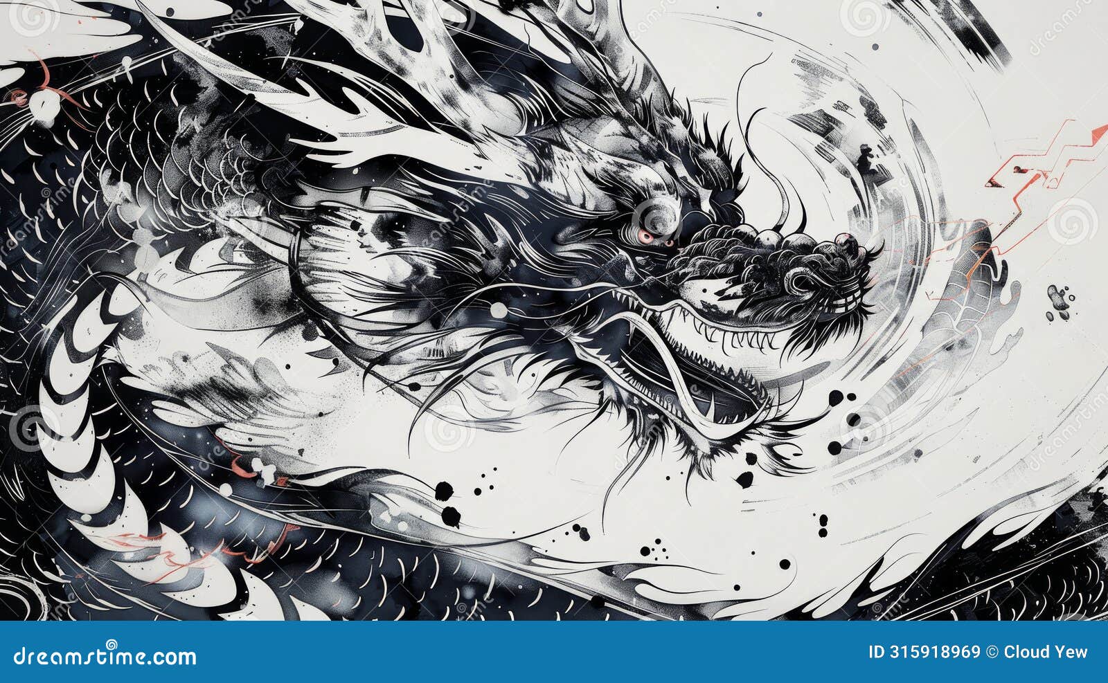 A Black and White Drawing of a Dragon with Red Eyes Stock Illustration ...