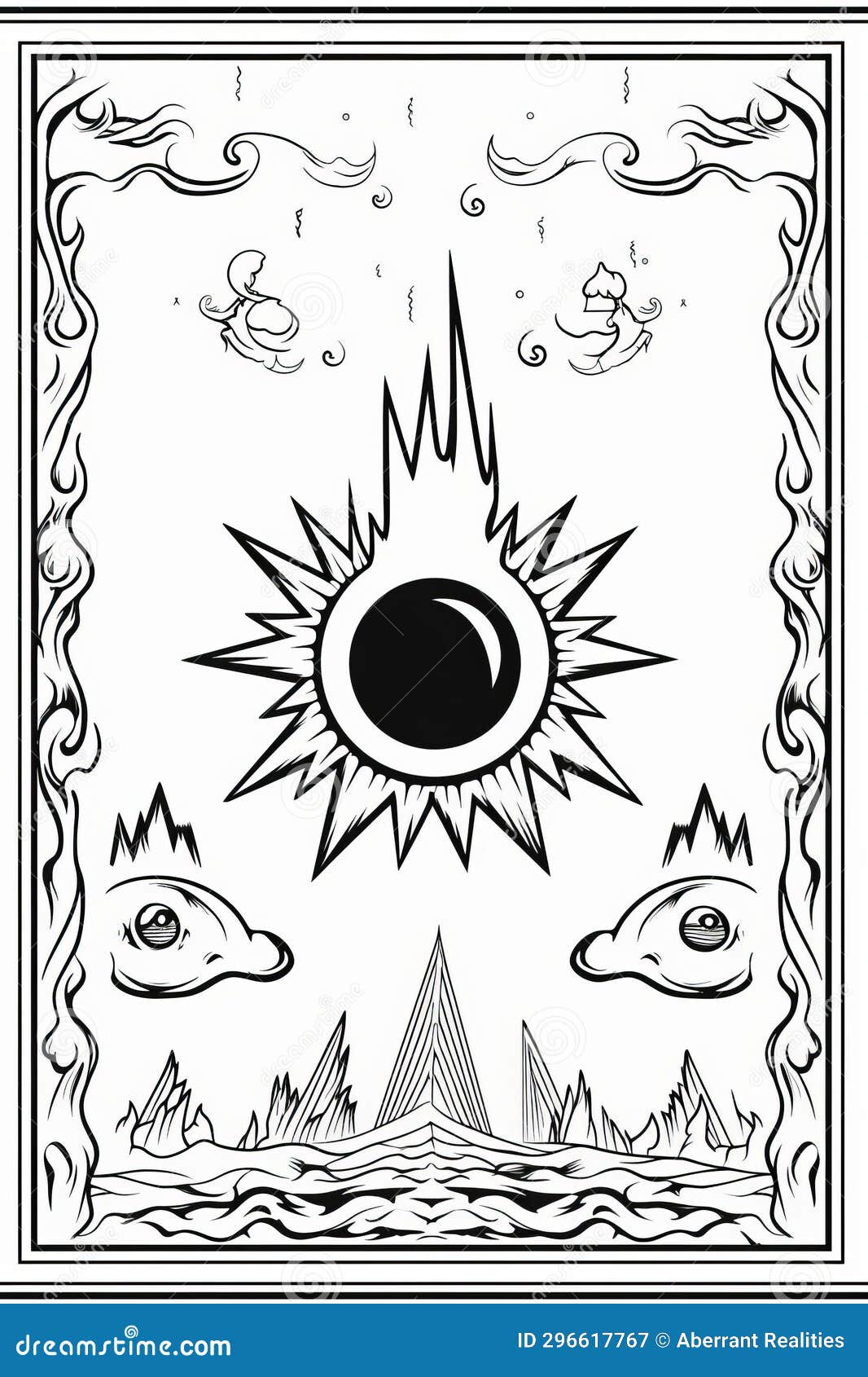 A Black and White Drawing of an Eye and Sun in the Sky Stock ...