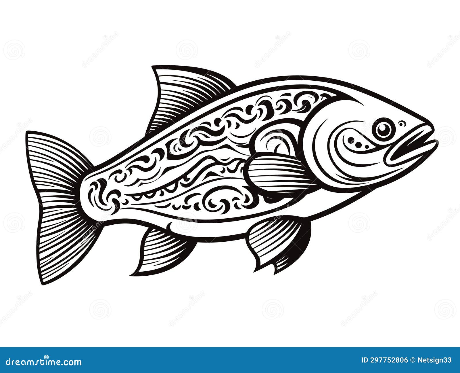A Black and White Drawing of a Fish - Vector Symbol of Trout Fish Stock ...
